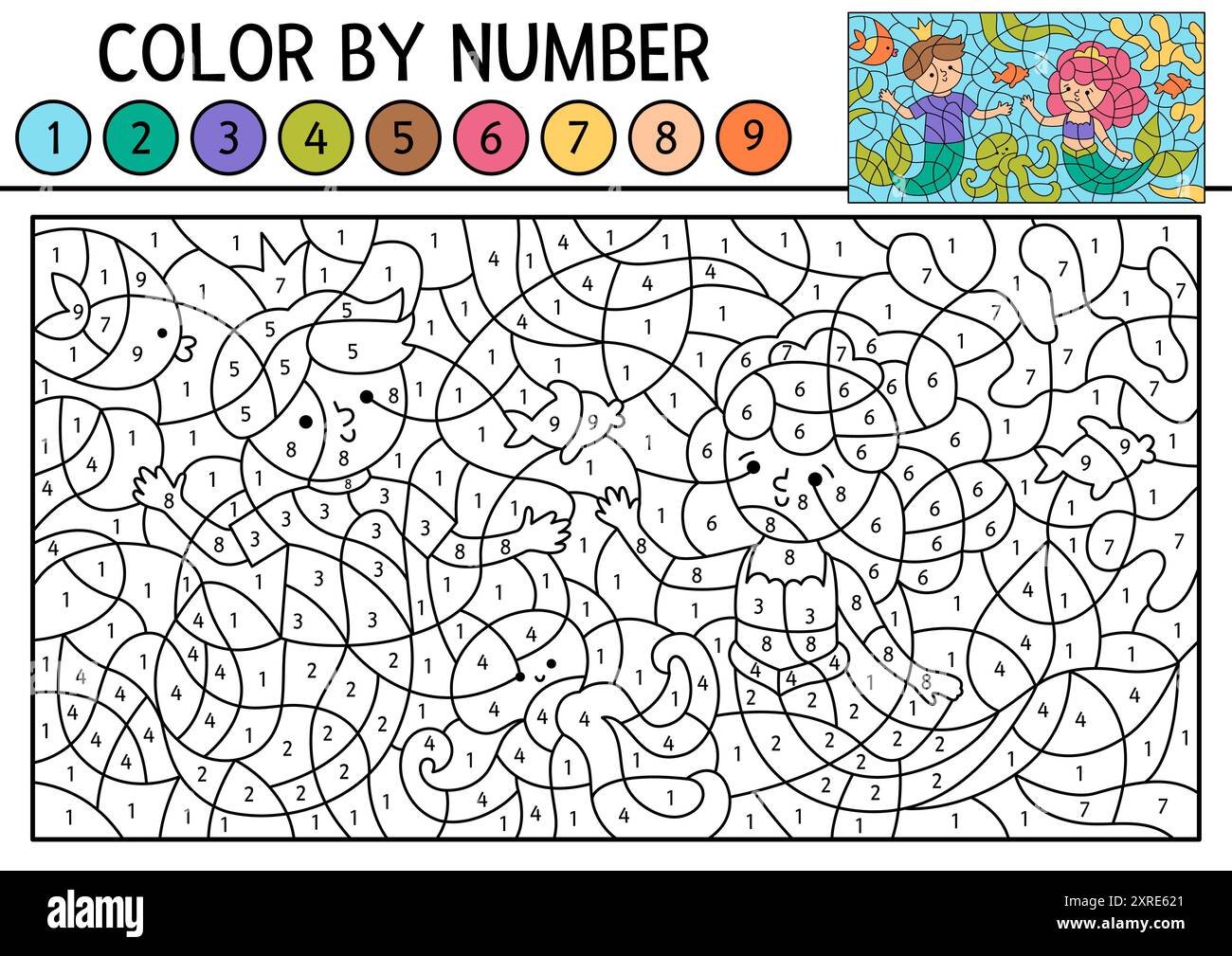 Vector mermaid color by number activity with cute sea princess, merman ...
