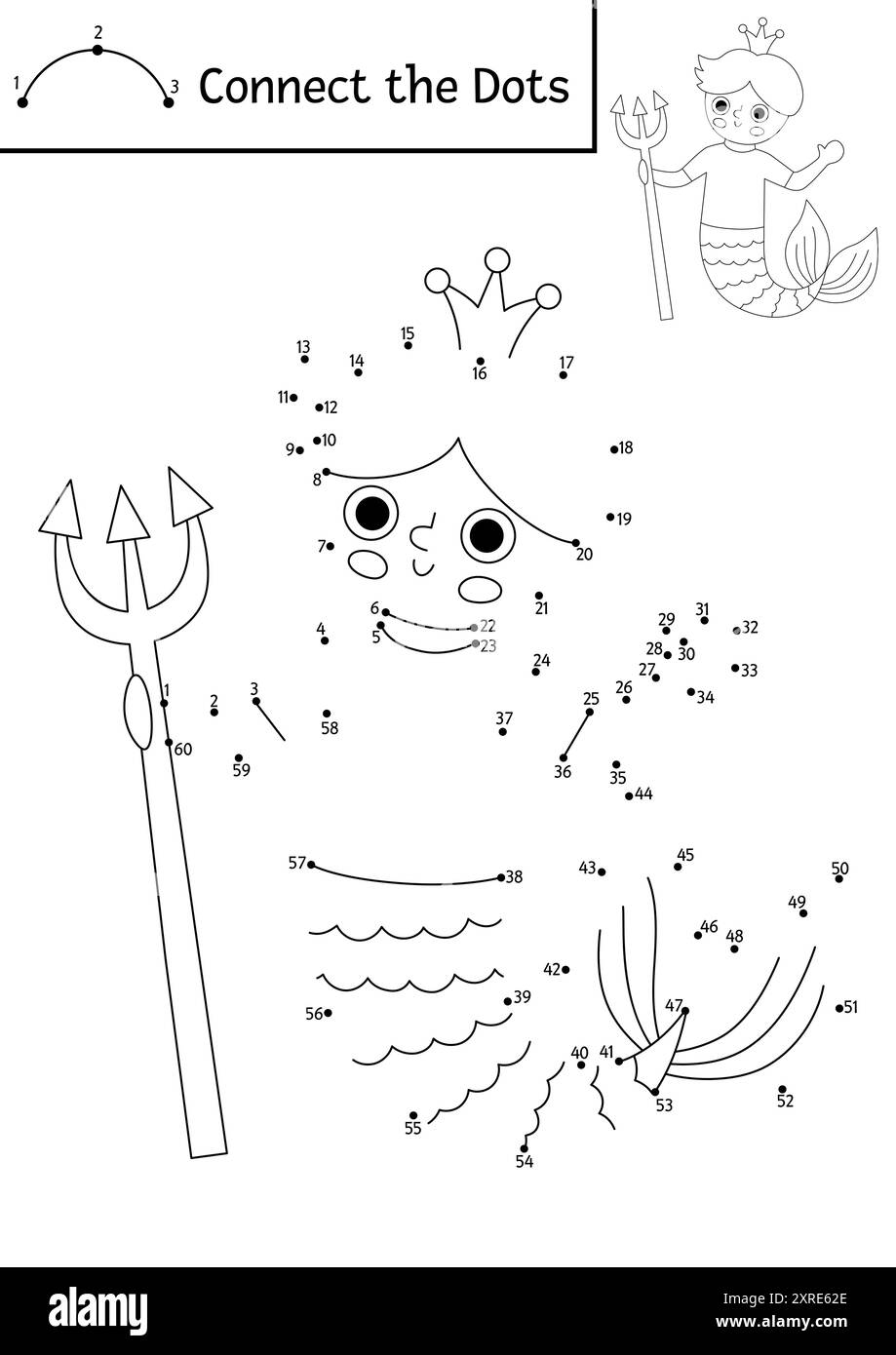 Vector dot-to-dot and color activity with cute merman with trident ...