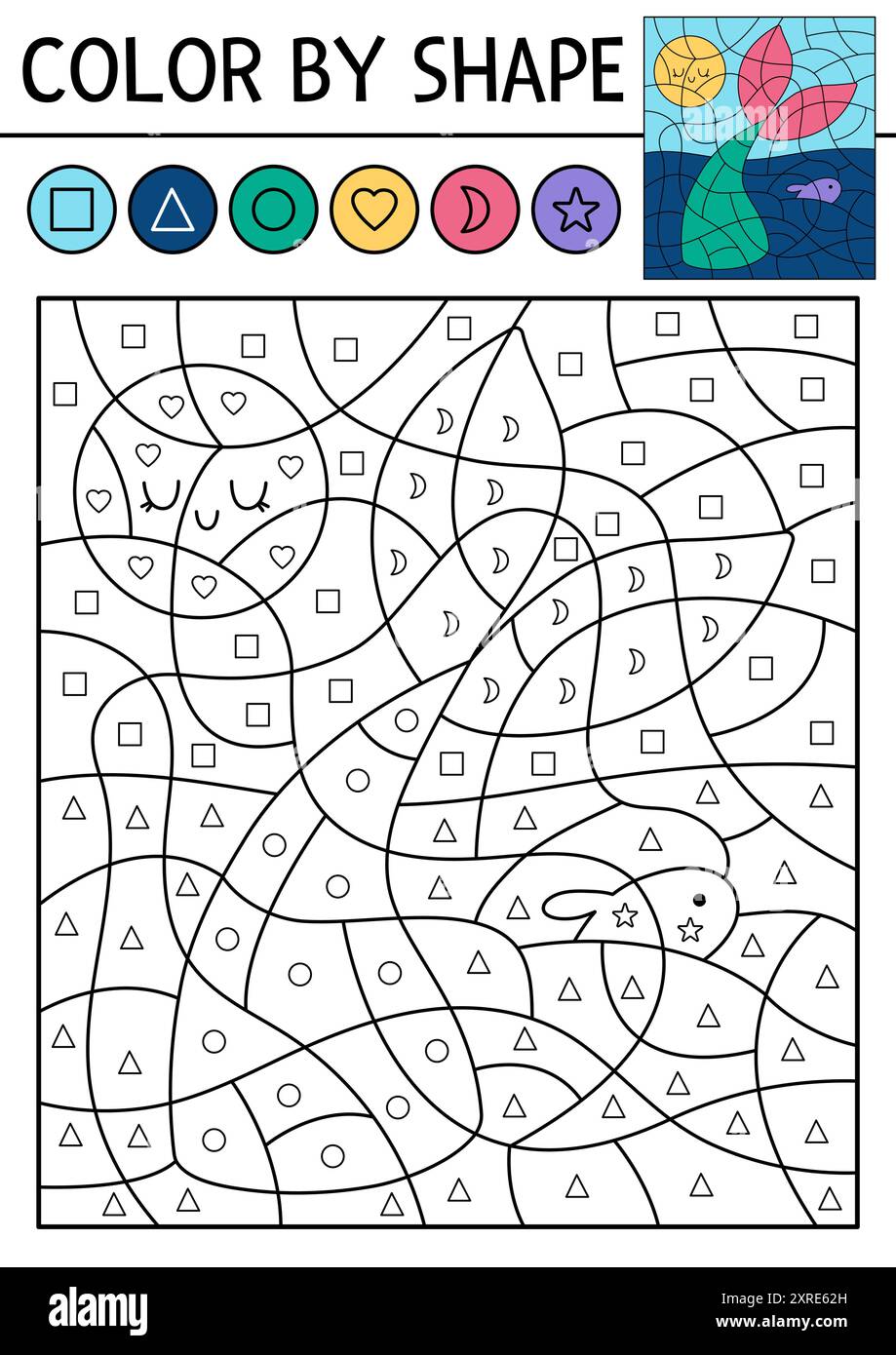 Vector mermaid color by number activity with cute sea princess tale ...