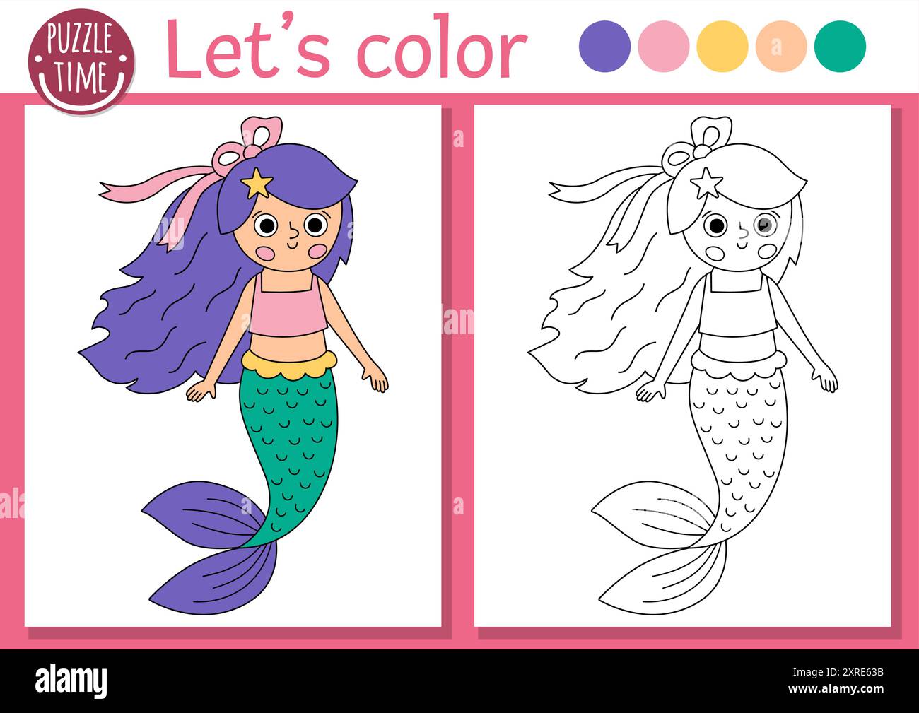 Mermaid coloring page for children with cute sea princess. Vector ocean ...
