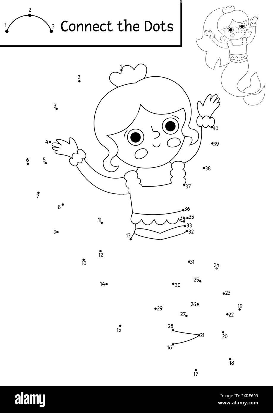 Vector dot-to-dot and color activity with cute mermaid. Ocean kingdom ...