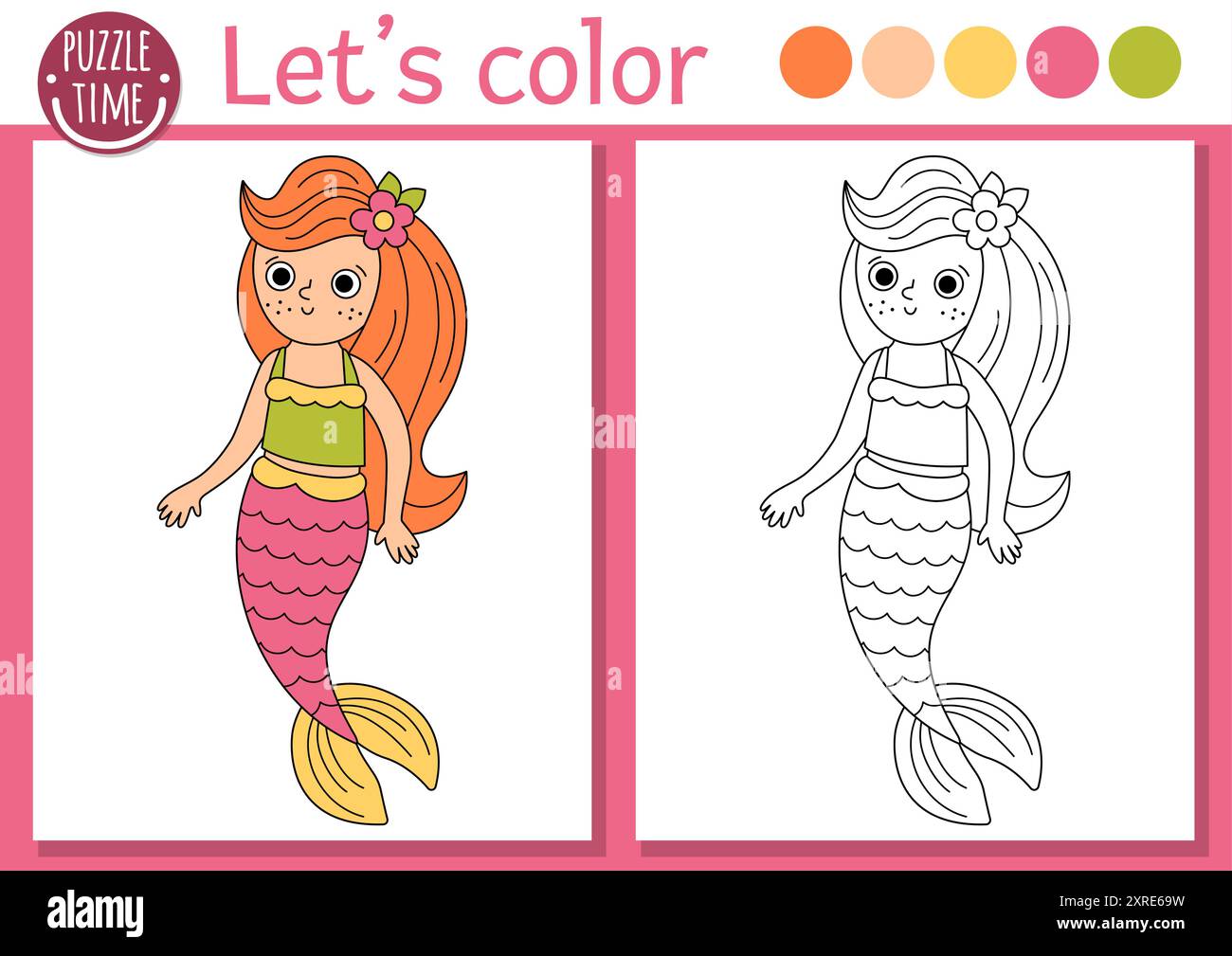 Mermaid coloring page for children with cute sea princess. Vector ocean ...