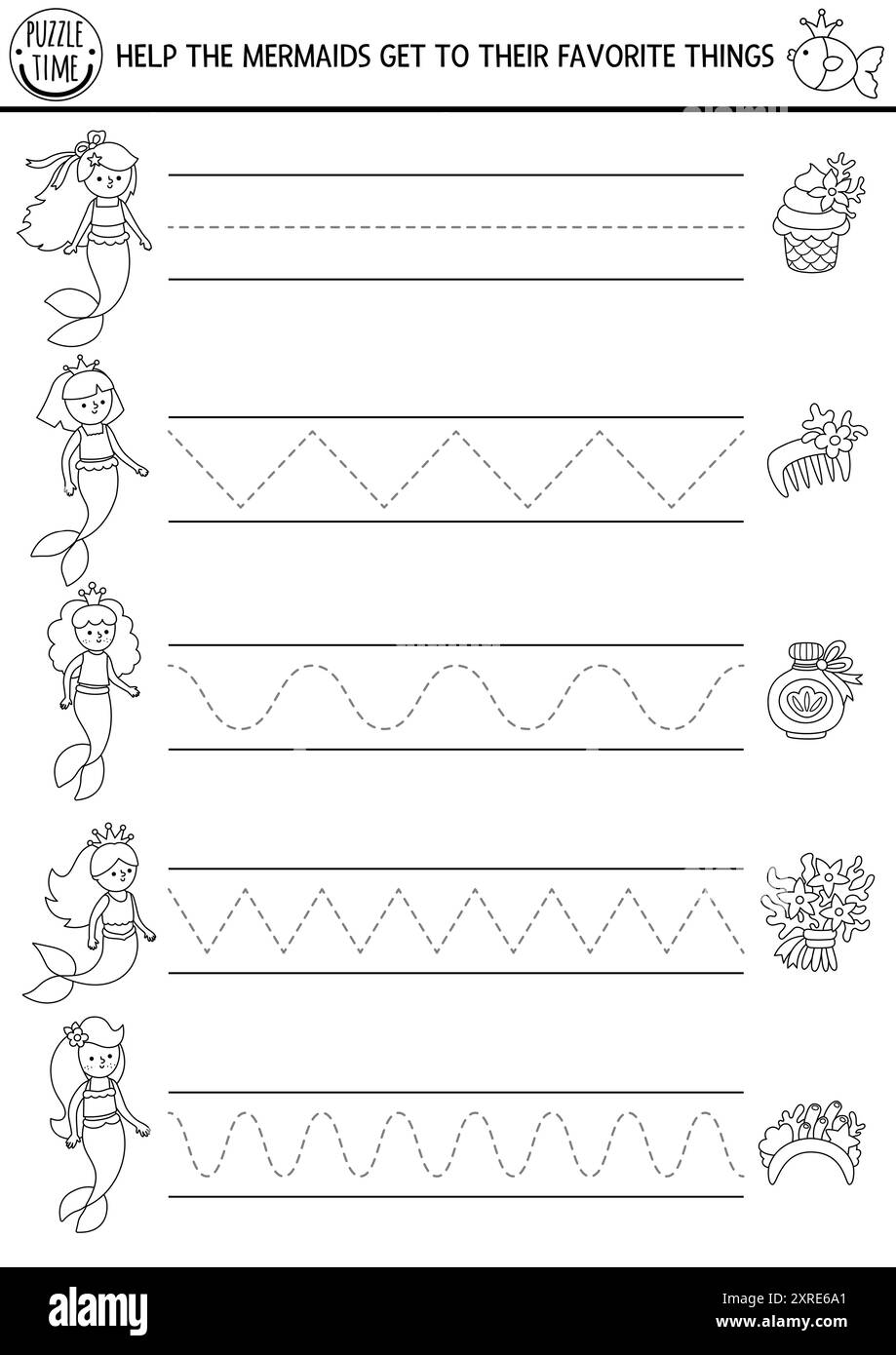 Vector mermaid handwriting practice worksheet. Ocean kingdom printable ...