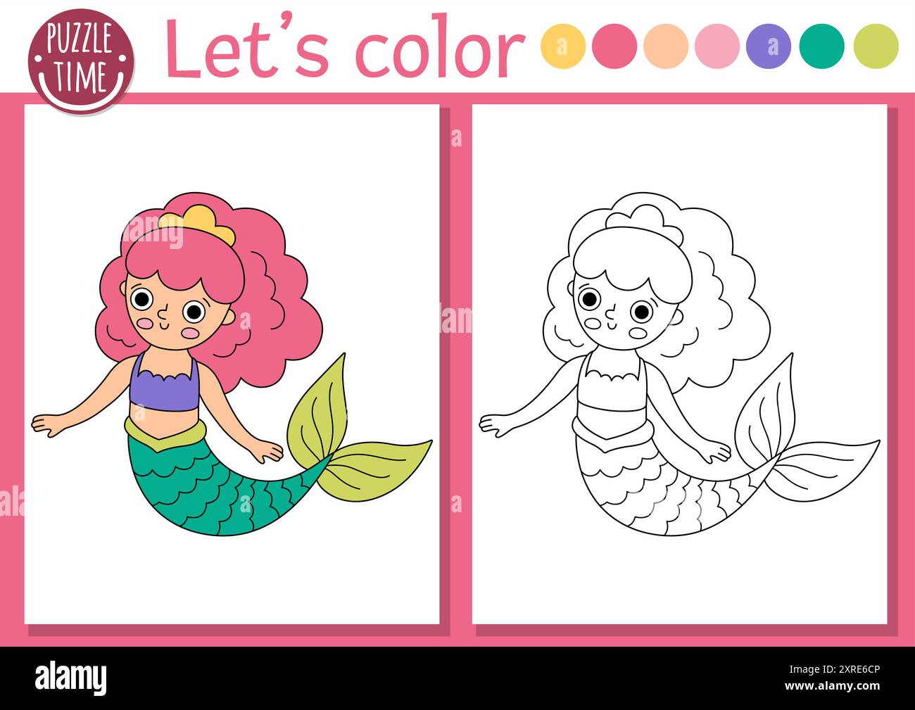 Mermaid coloring page for children with cute sea princess. Vector ocean ...