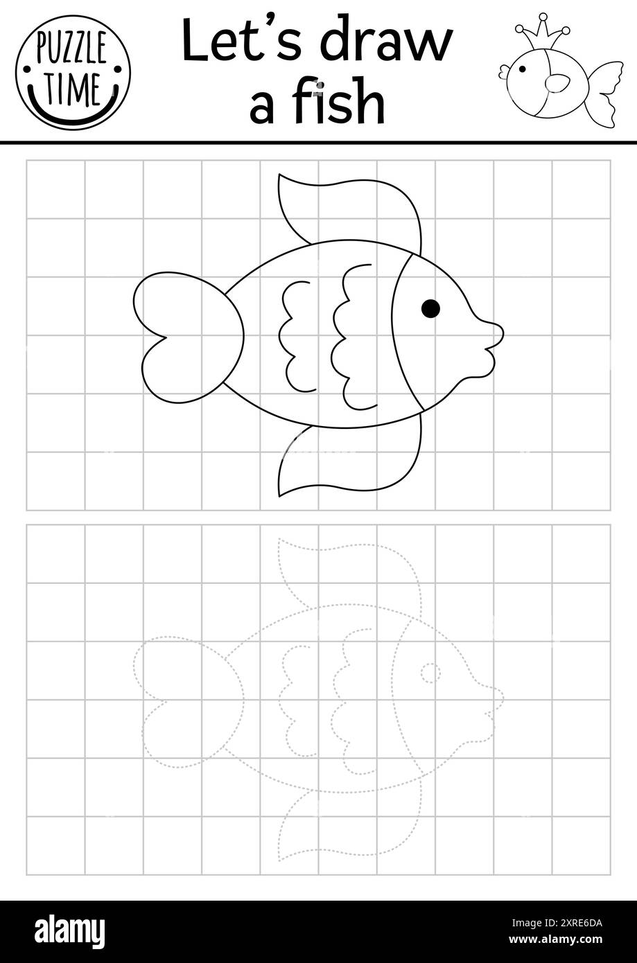 Draw the fish. Vector ocean kingdom drawing practice worksheet with ...