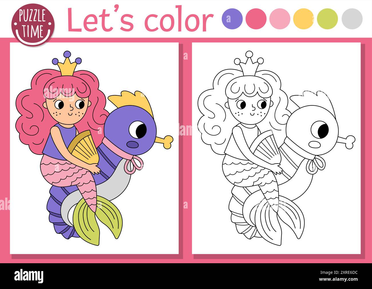 Mermaid coloring page for children with cute sea princess. Vector ocean ...