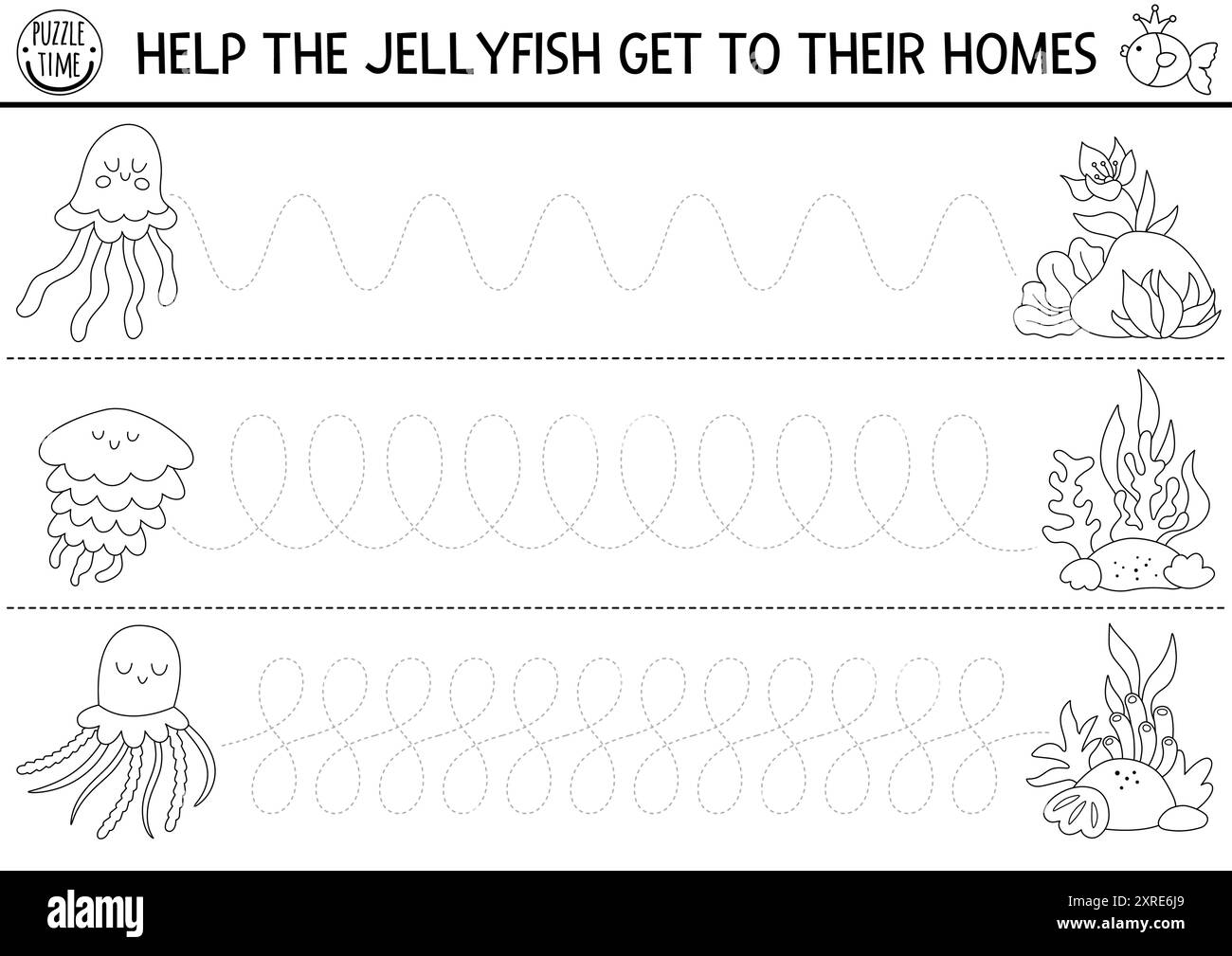 Vector handwriting practice worksheet with jellyfish and seaweed houses ...