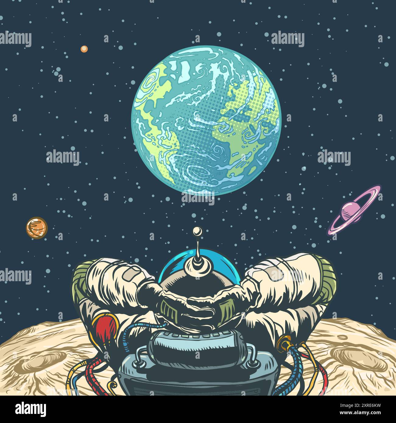 The astronaut looks at planet earth with his hands behind his head ...
