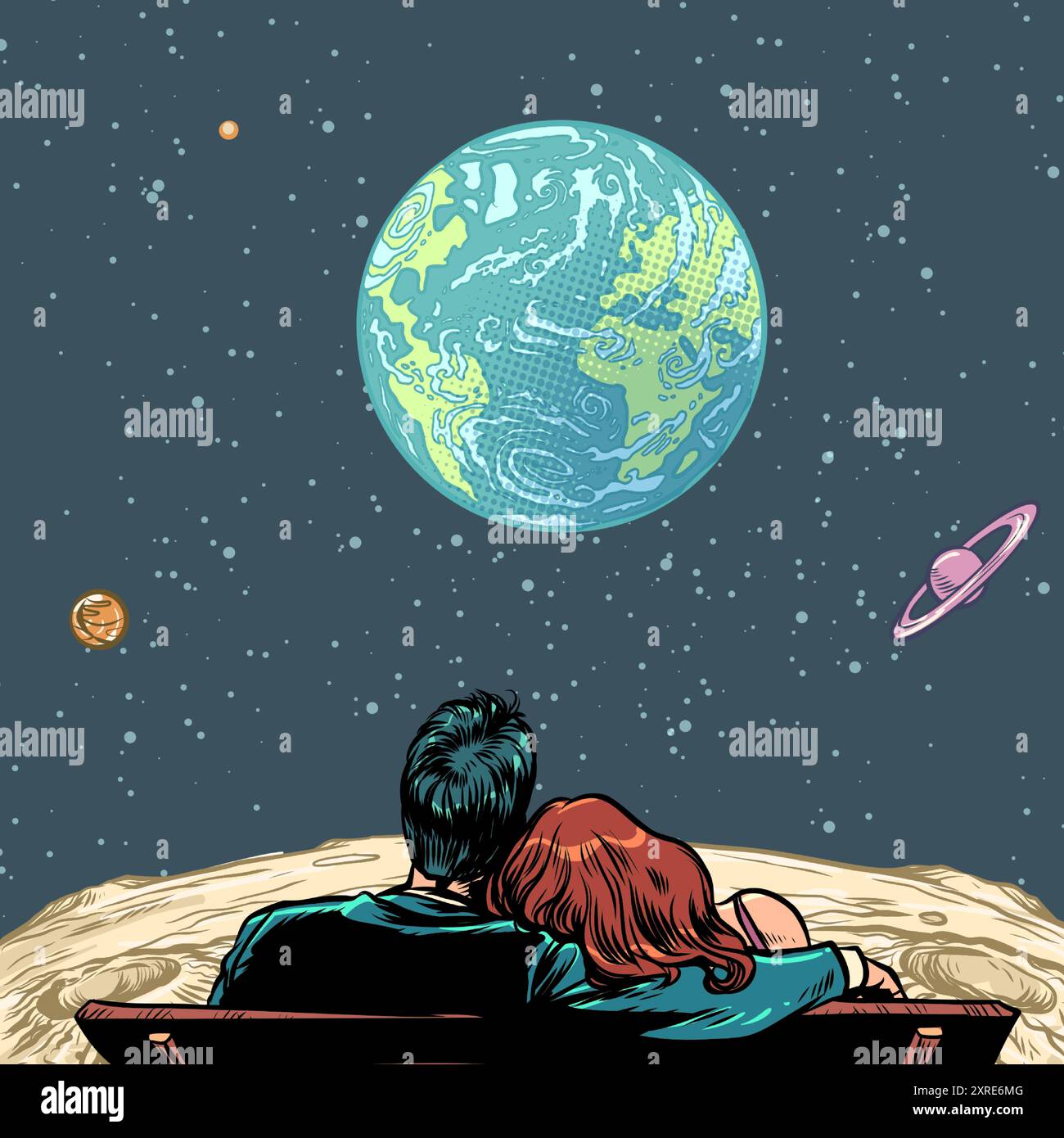 A couple of a man and a woman are sitting on a bench and looking at the ...