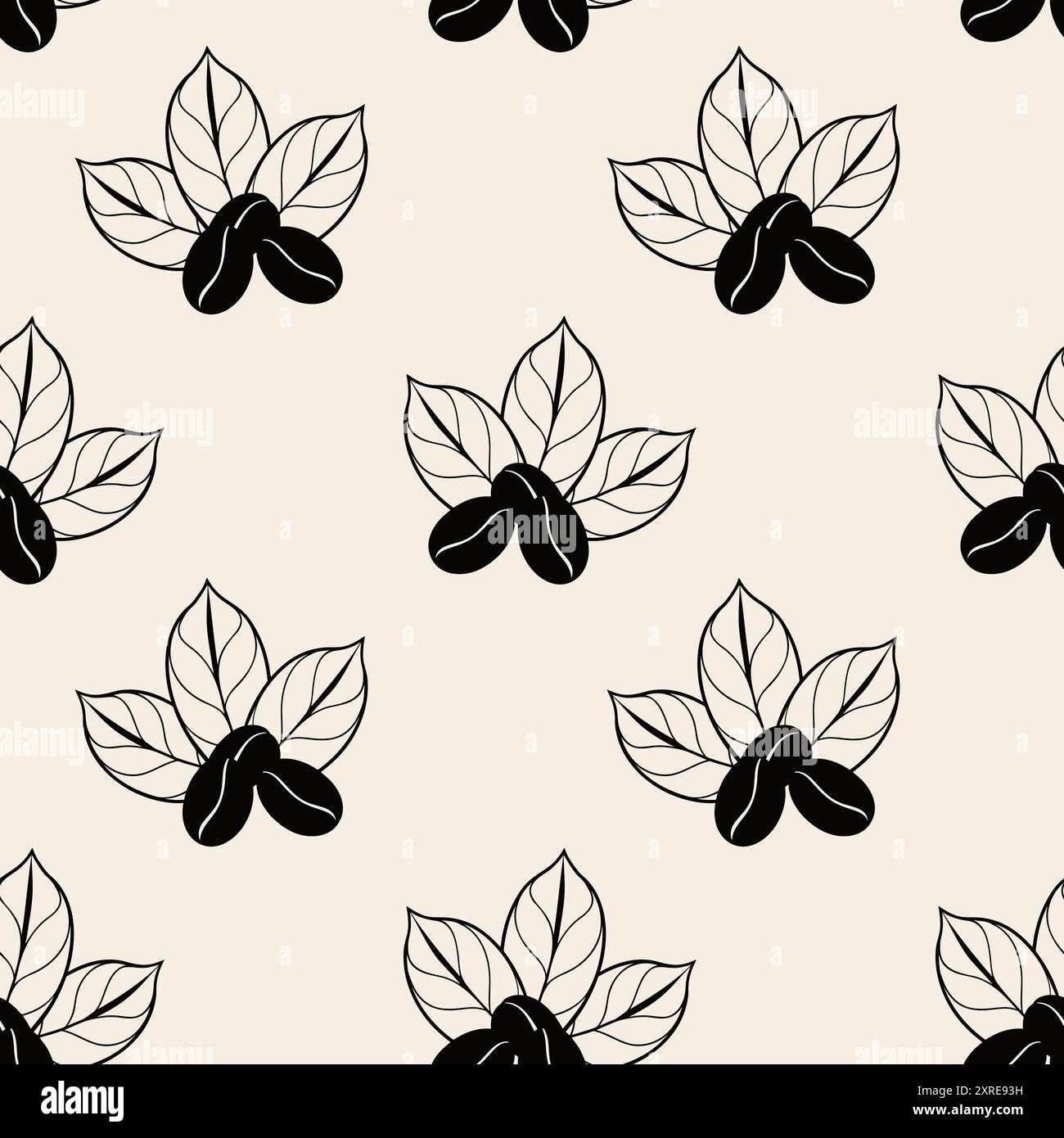 Pattern coffee beans on coffee leaves, doodle stylized contour drawing ...