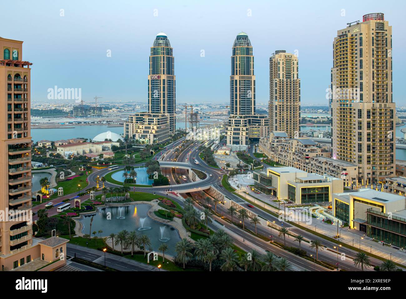 Aerial view of Peral Qatar Porto Arabia, UDC Tower Pearl Qatar Stock ...