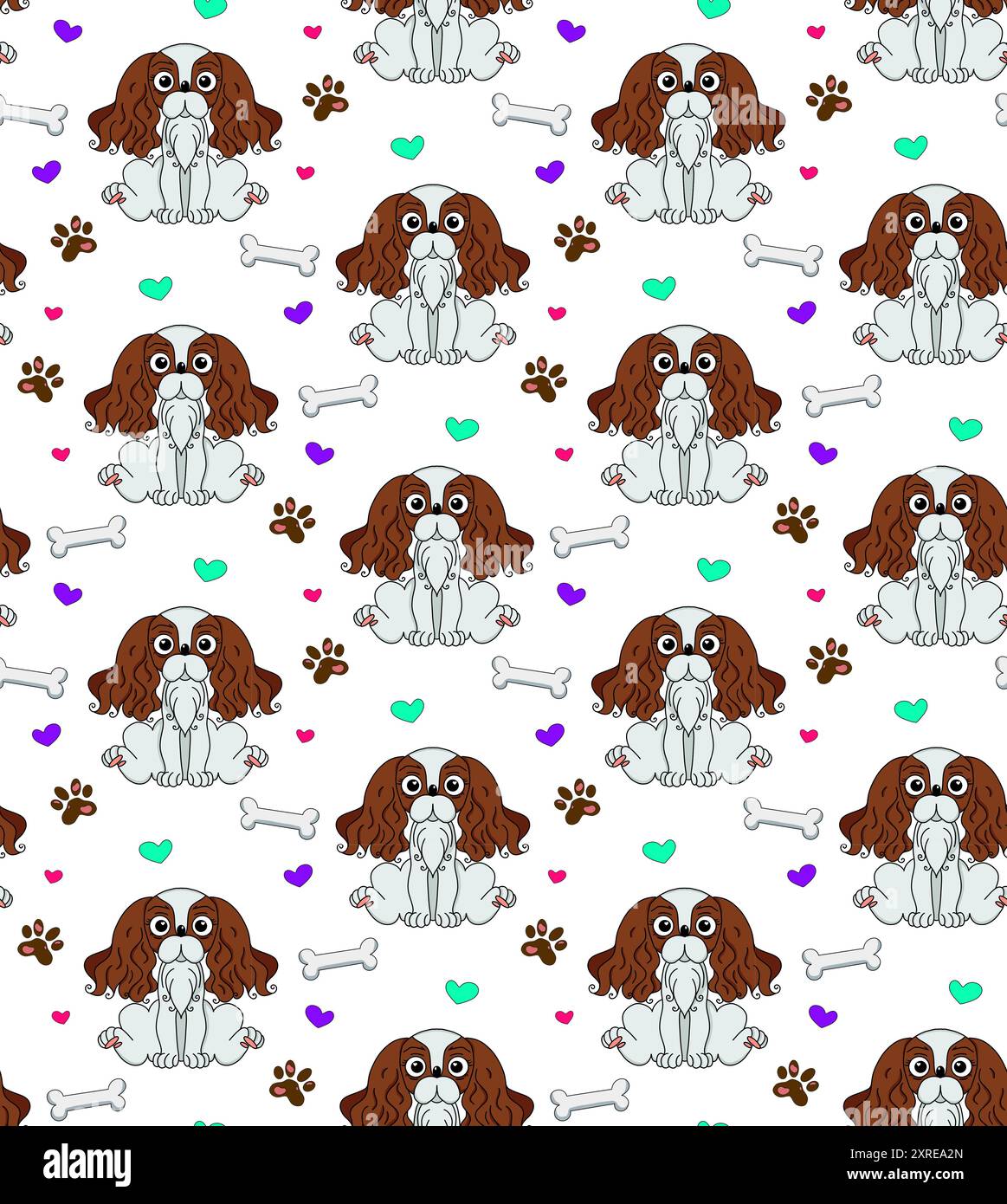 Cavalier King Charles spaniel seamless pattern. Different poses, coat ...