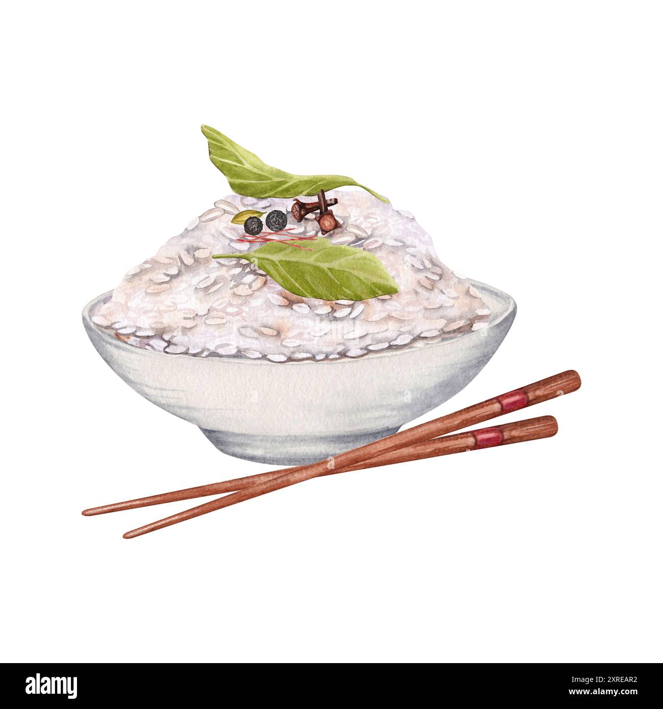 Bowl of cooked white rice with wooden chop sticks and food spices. Hand ...