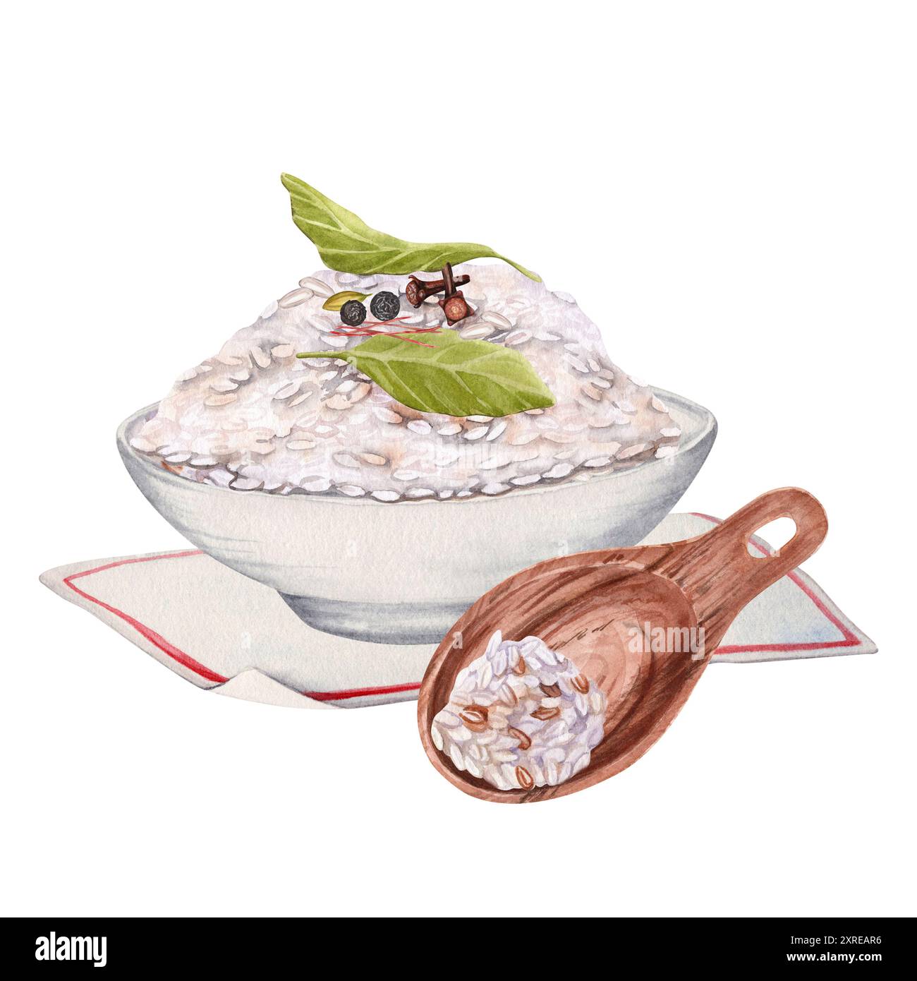 Bowl of cooked white rice with wooden serving spoon and food spices ...