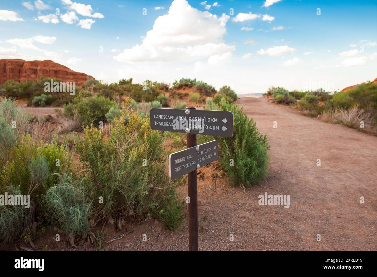 A directional sign in Arches National Park guides hikers to Landscape ...
