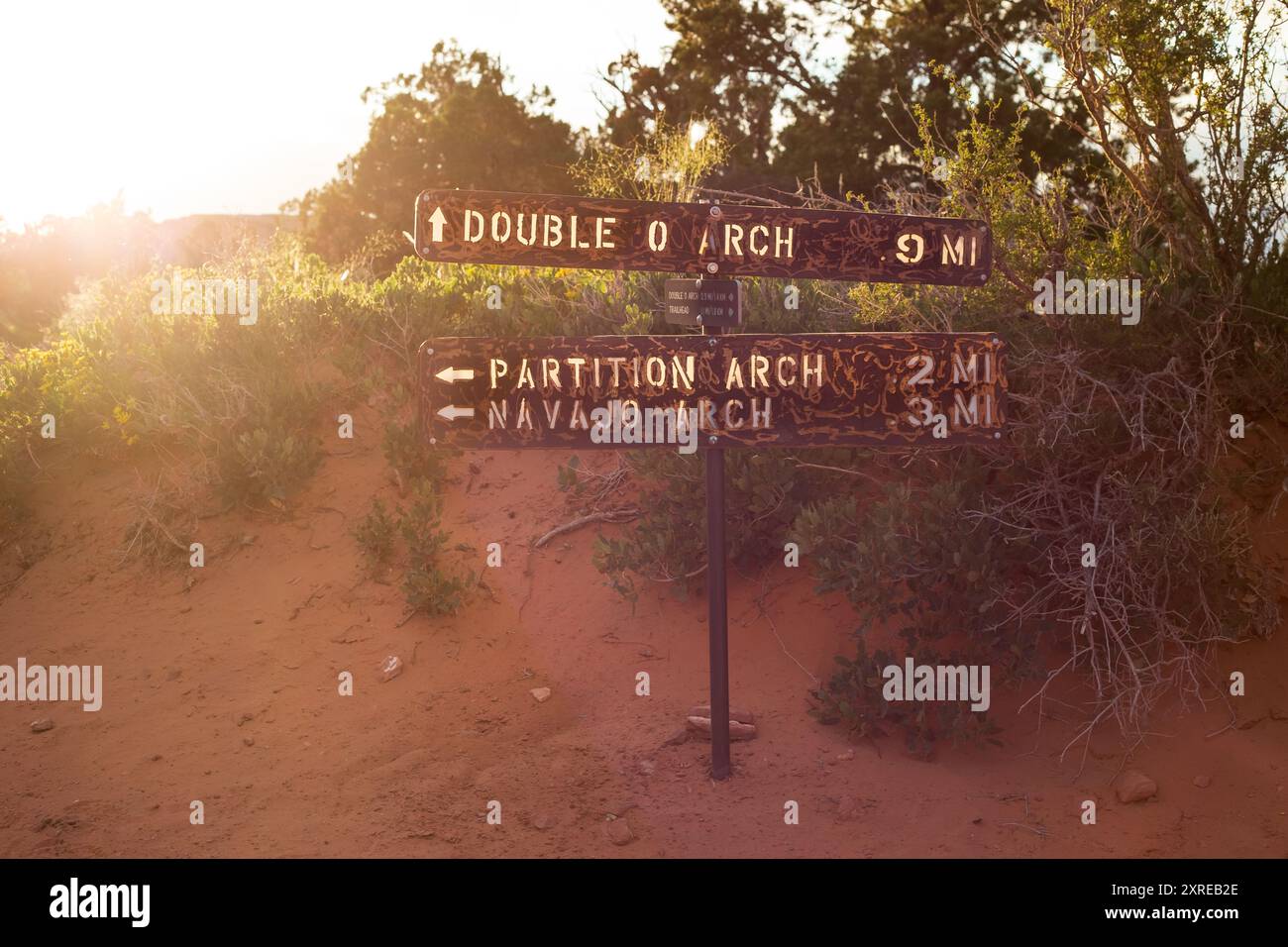 A directional sign in Arches National Park guides hikers to Double O ...