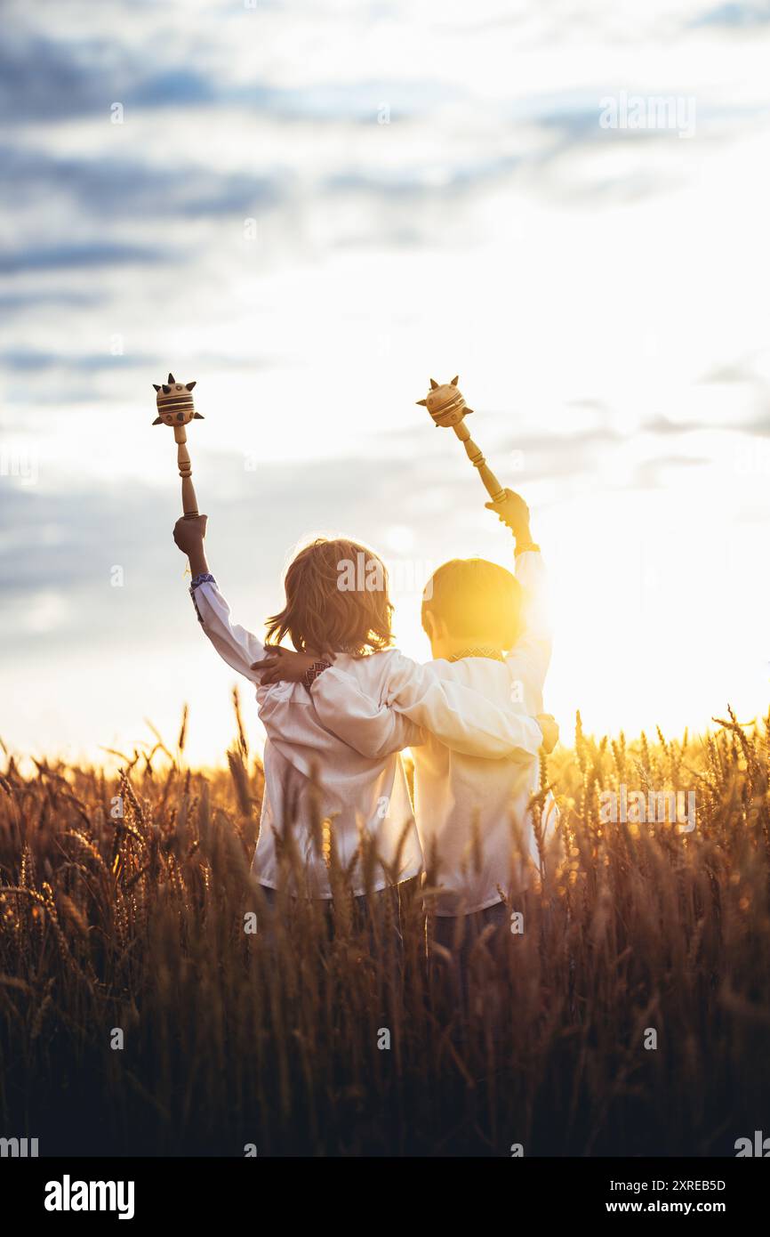 Little Ukrainian Children Boys With Maces - Bludgeon In Field. Bulava ...