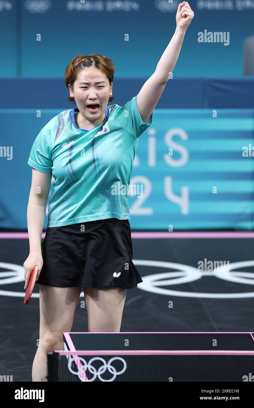 Paris, France. 10th Aug, 2024. Lee Eunhye of South Korea reacts during the women's team bronze ...