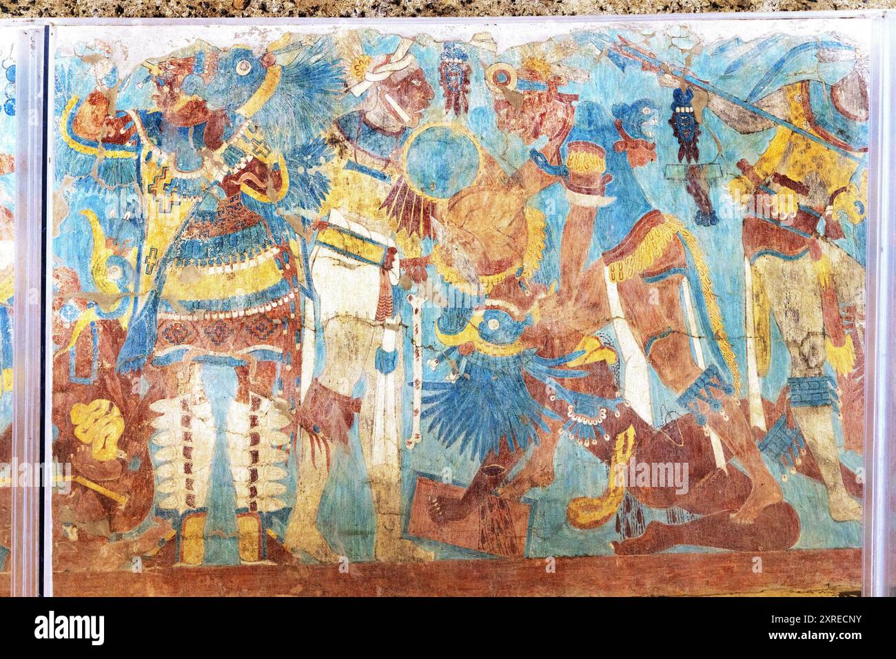 Mayan murals, Cacaxtla, Mexico. Colorful mesoamerican art; battle mural ...