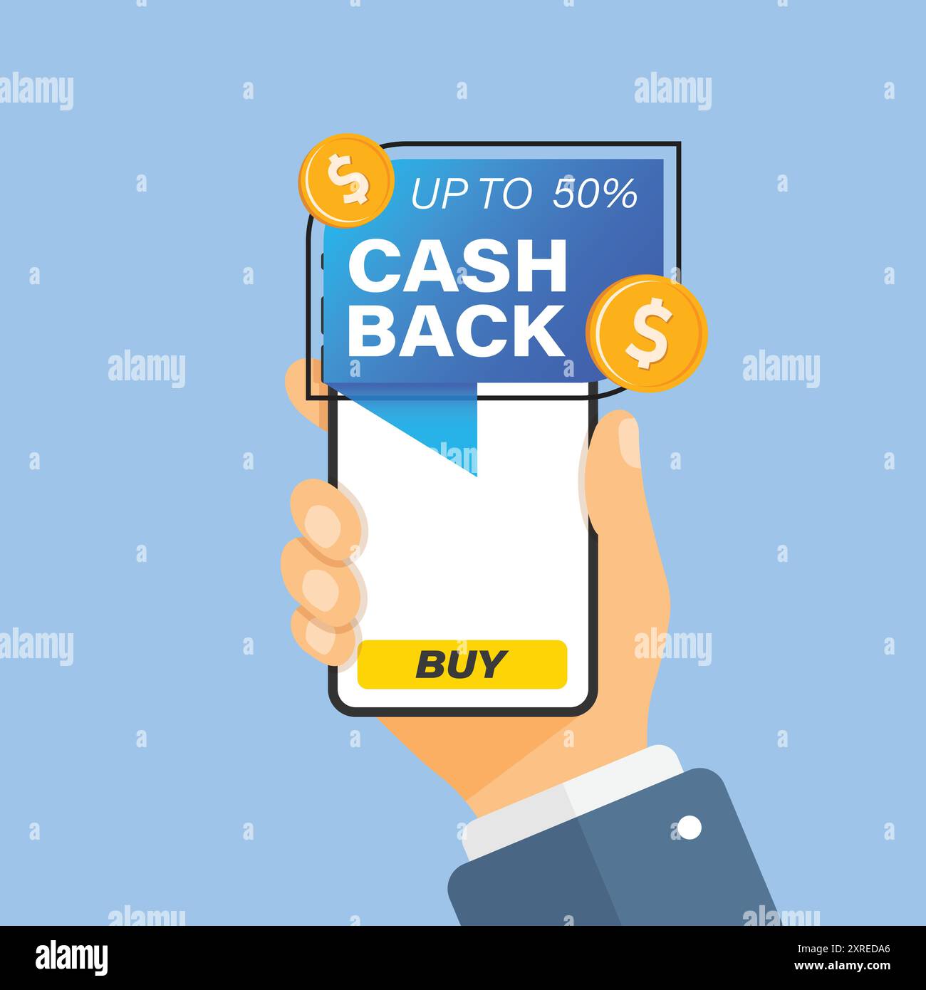 Cashback with smartphone in hand icon in flat style. Money back label ...