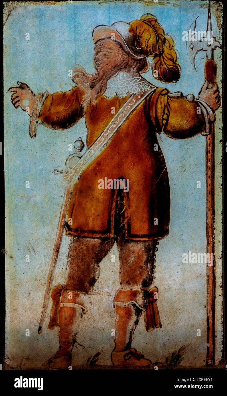 English Civil War soldier, a Royalist or Cavalier with long hair, lace ...