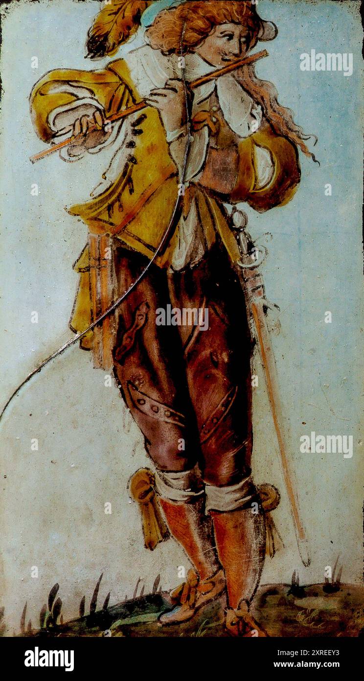 Flamboyant flute player from the English Civil War. A Royalist or ...