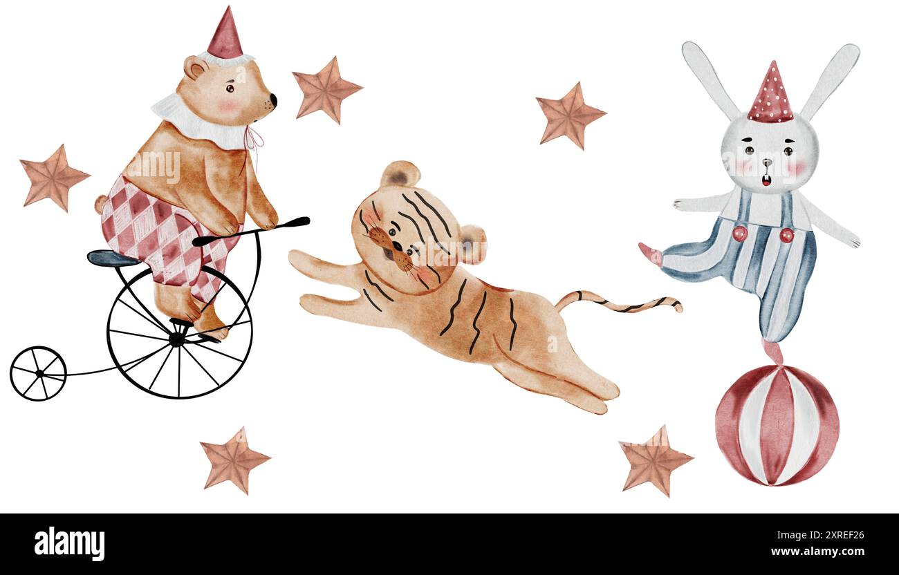 Circus set watercolor. Hand drawn cute animals on isolated white ...