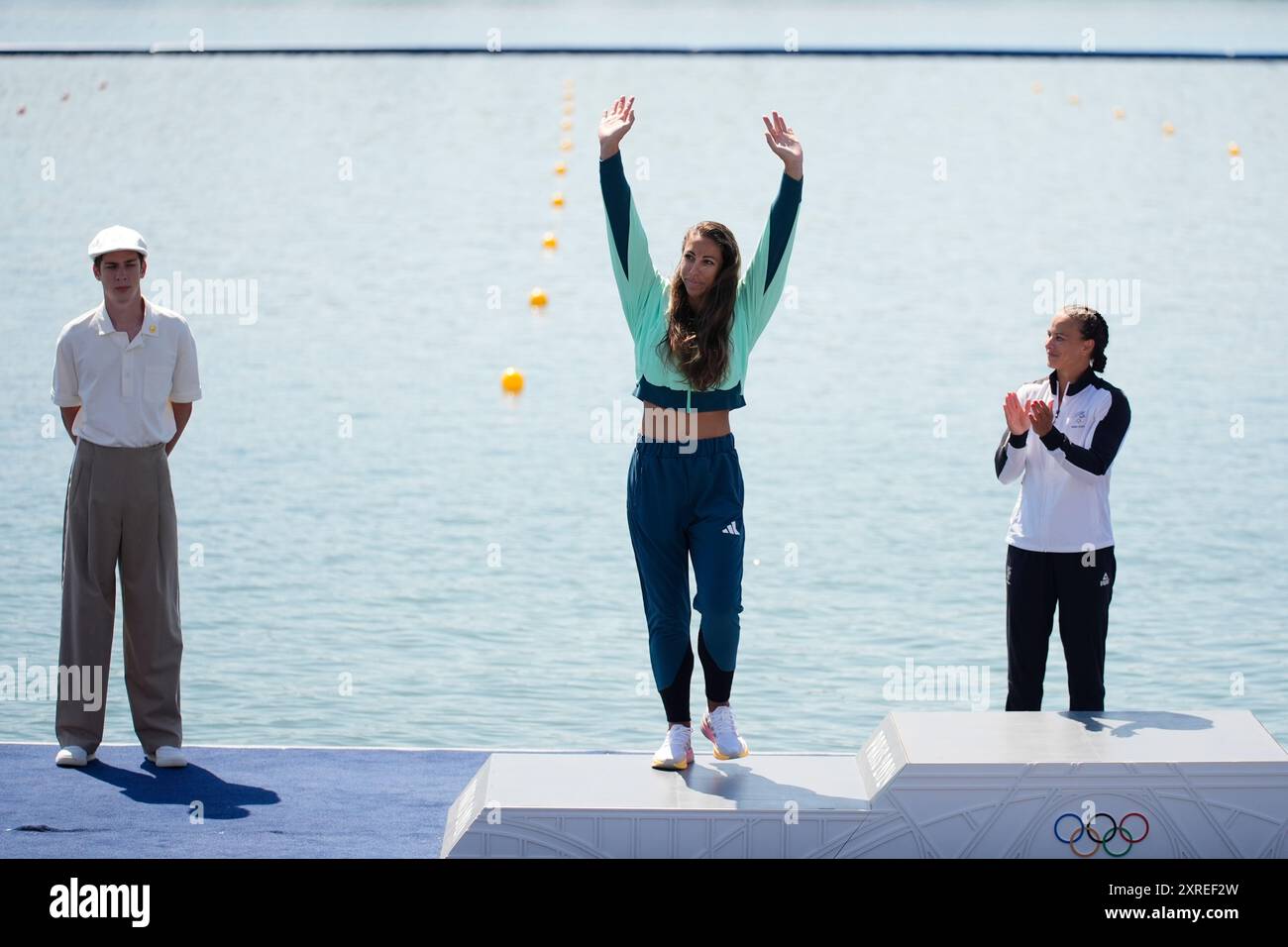Silver medalist, from left, Tamara Csipes, of Hungary, celebrates durin ...
