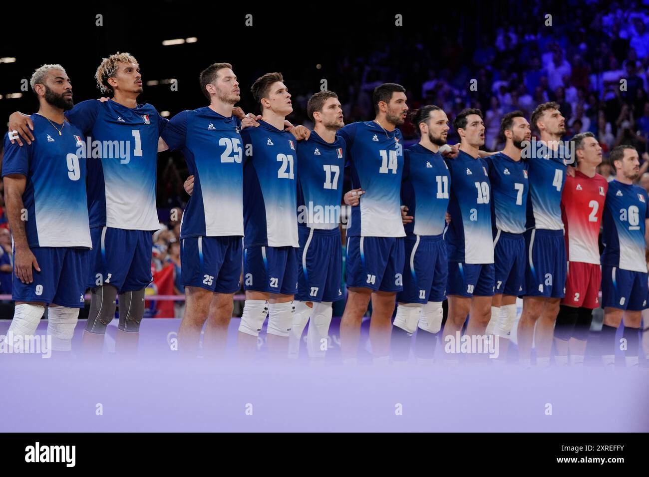Paris, France. 10th Aug, 2024. French team at the men's volleyball gold ...