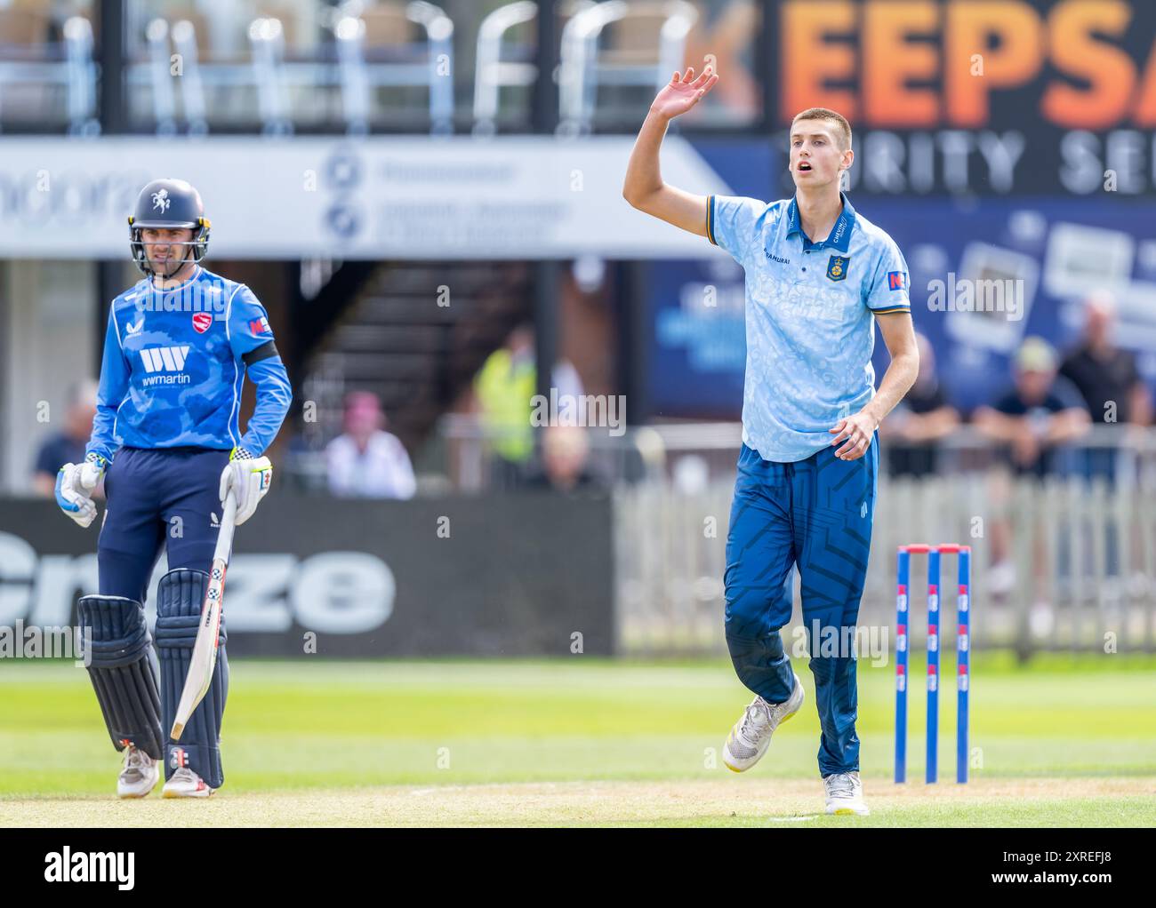 Harry Moore of Derbyshire reacts during his bowling in a Metro Bank One ...