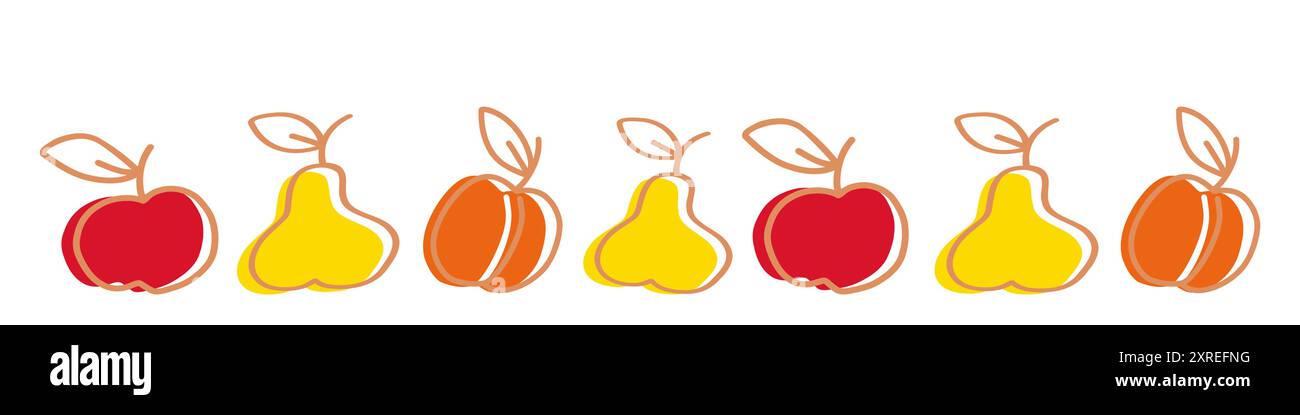 Colorful fruit border design with apples, pears, and oranges on a white ...