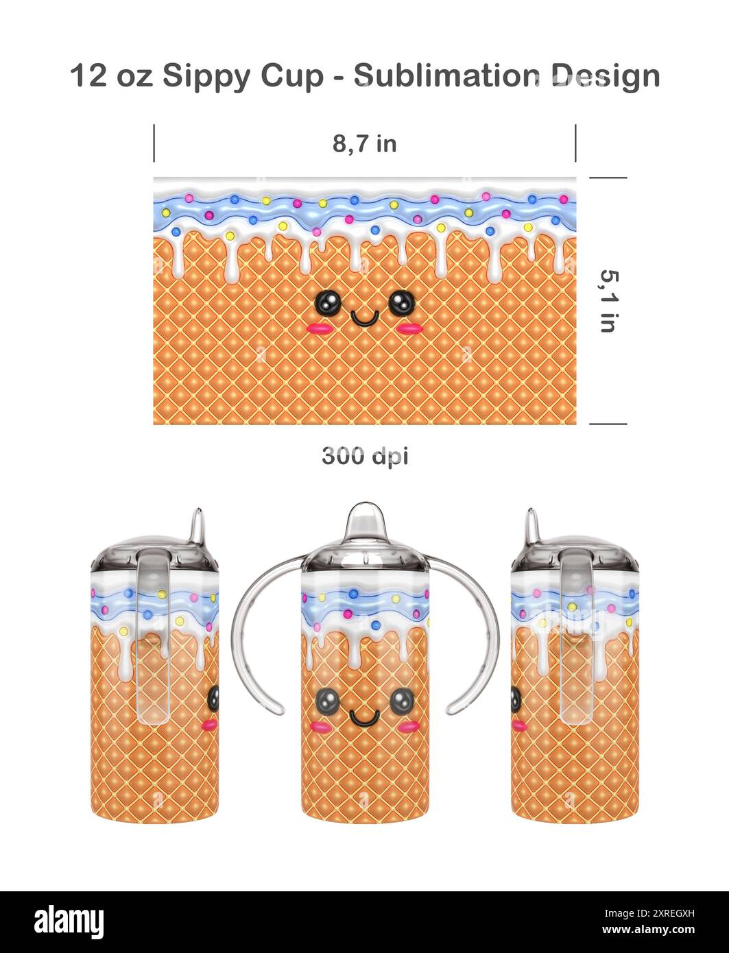 Funny Puffy Kawaii milk ice cream. Seamless sublimation template for 12 ...