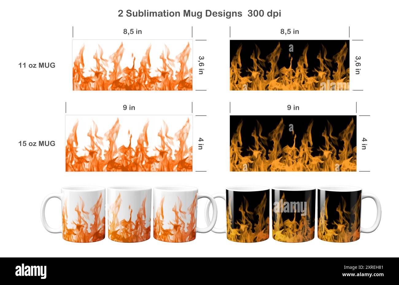 Set of 2 fire patterns on white and black background. Sublimation ...