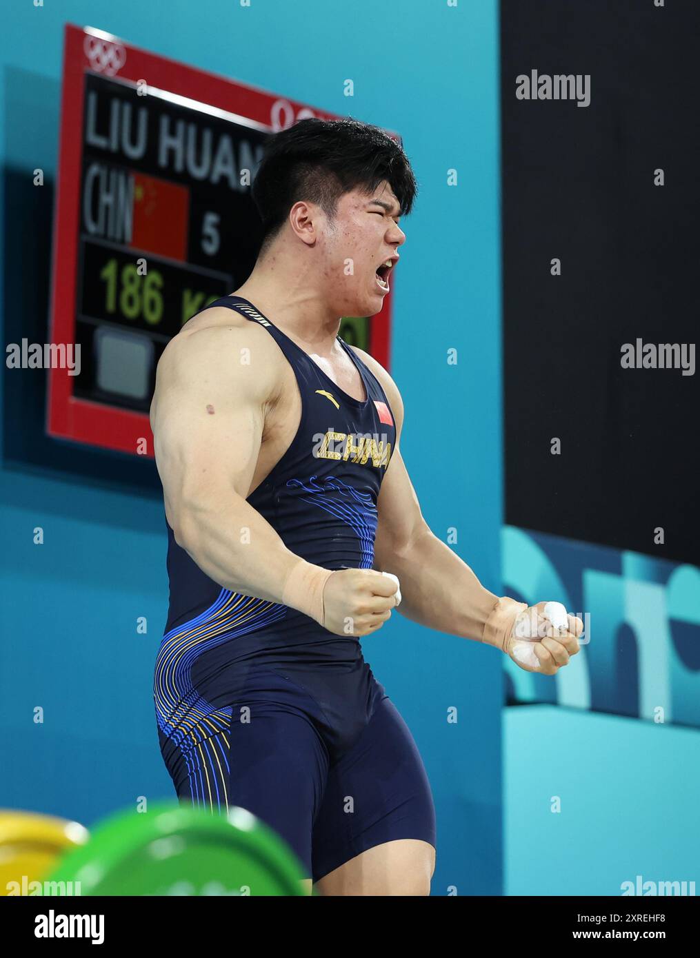 Paris, France. 10th Aug, 2024. Liu Huanhua of China reacts during the weightlifting men's 102kg ...