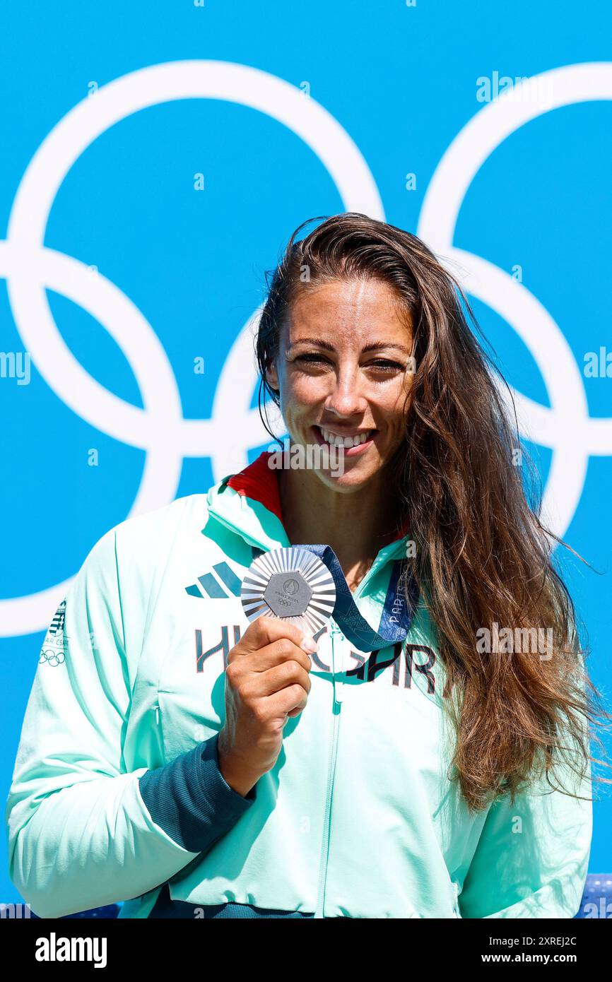 Silver Medallist, Tamara Csipes of Hungary celebrates on the podium ...