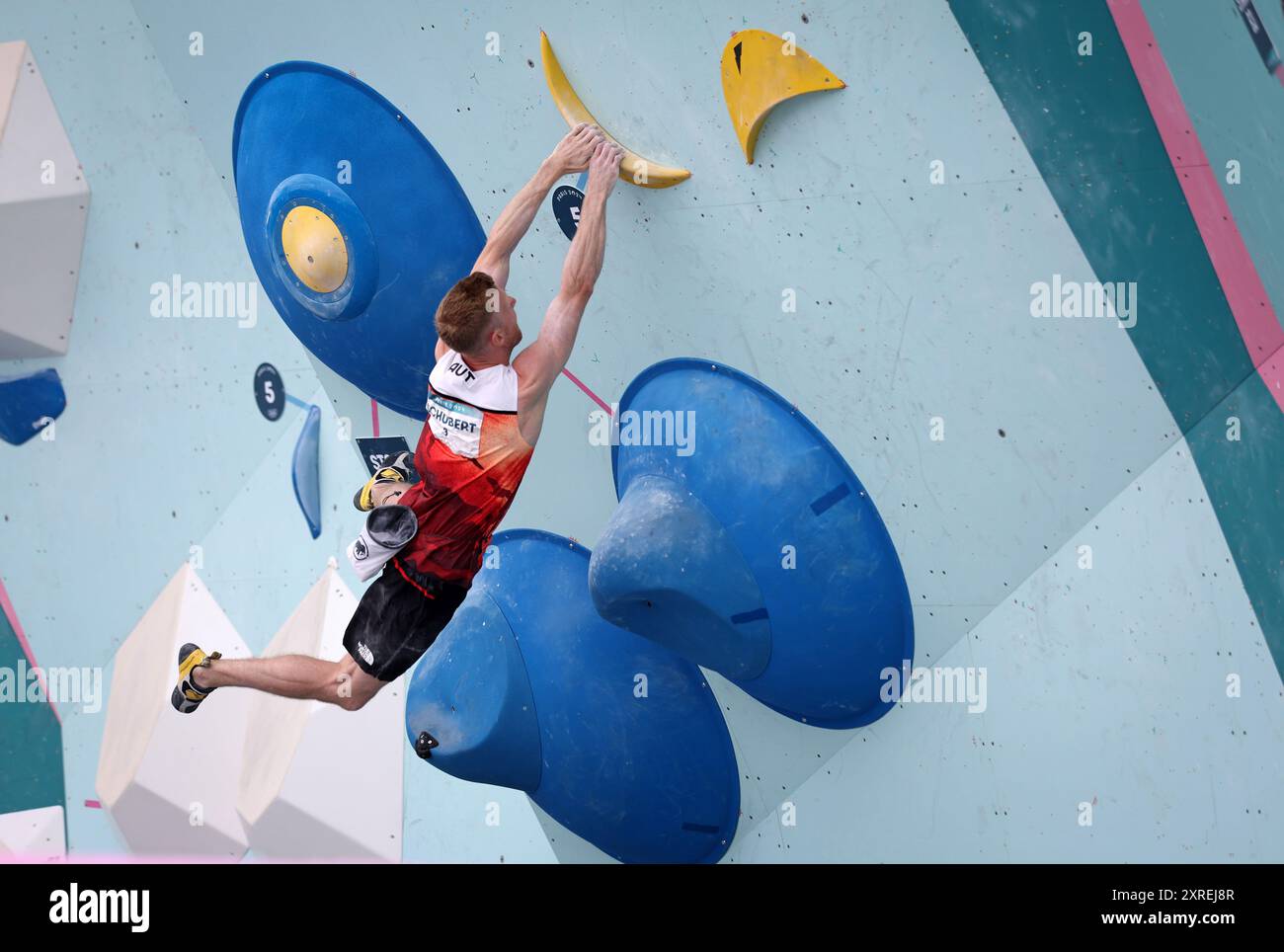 PARIS, FRANCE - AUGUST 09: Jakob Schubert of Team Austria climbs during ...