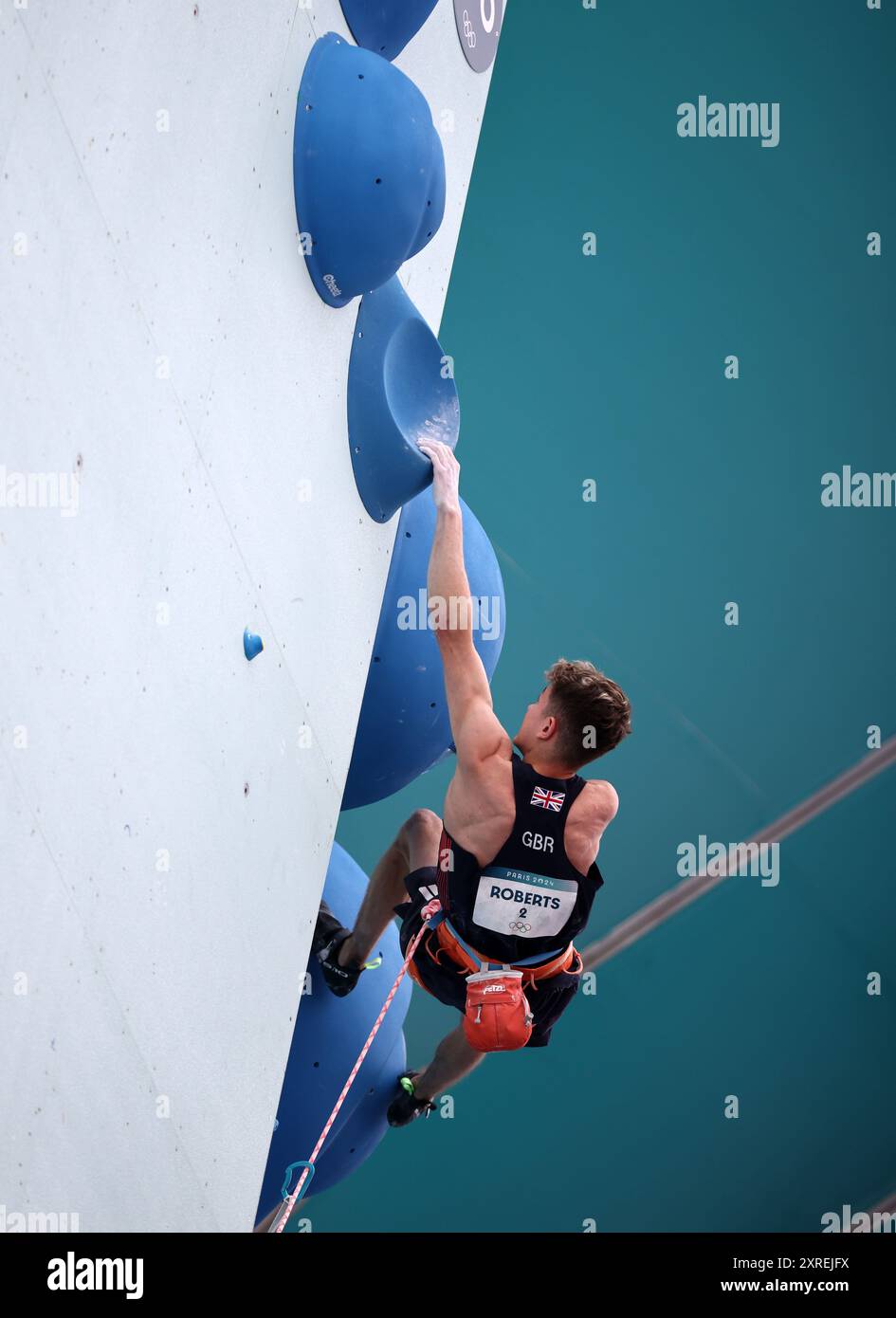 PARIS, FRANCE - AUGUST 09: Toby Roberts of Team Great Britain climbs ...