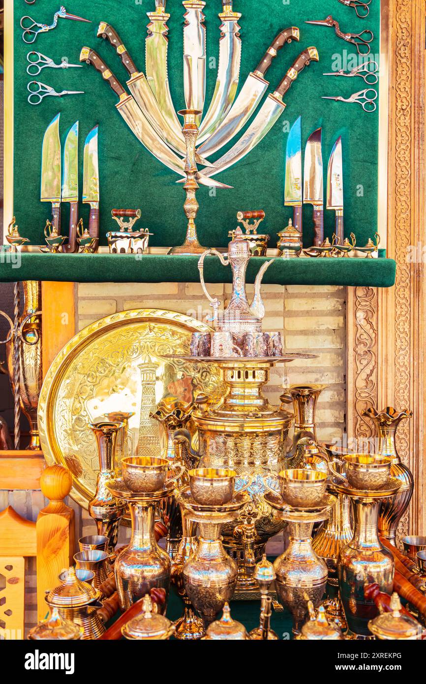 Traditional handmade metal souvenirs in trade domes. Bukhara ...