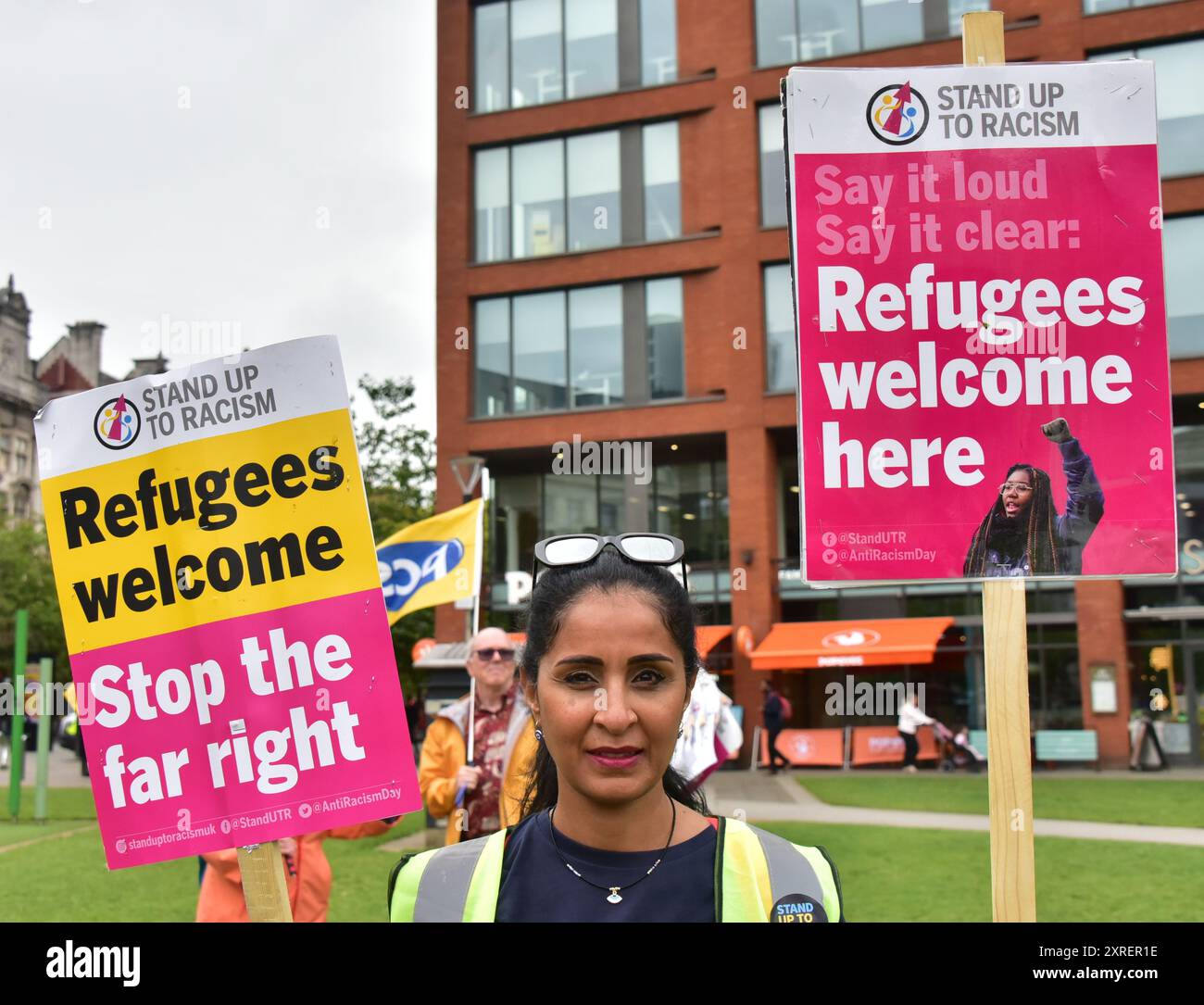 Manchester, UK, 10th August, 2024. Placard: 'Refugees welcome'. Stop ...