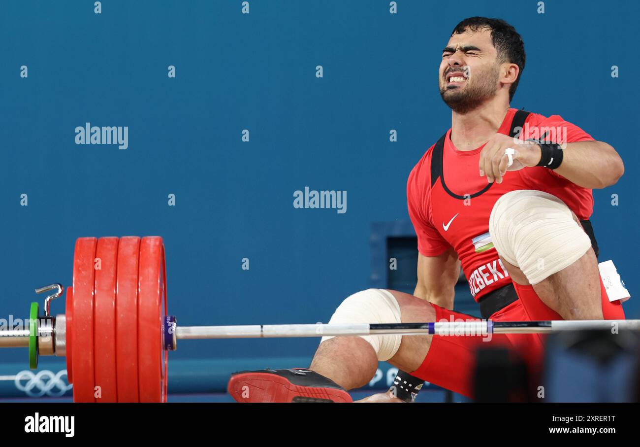 Paris, France. 10th Aug, 2024. Akbar Djuraev of Uzbekistan reacts ...