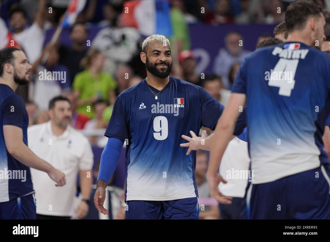 Paris, France. 10th Aug, 2024. Earvin Ngapeth (9) celebrate after ...