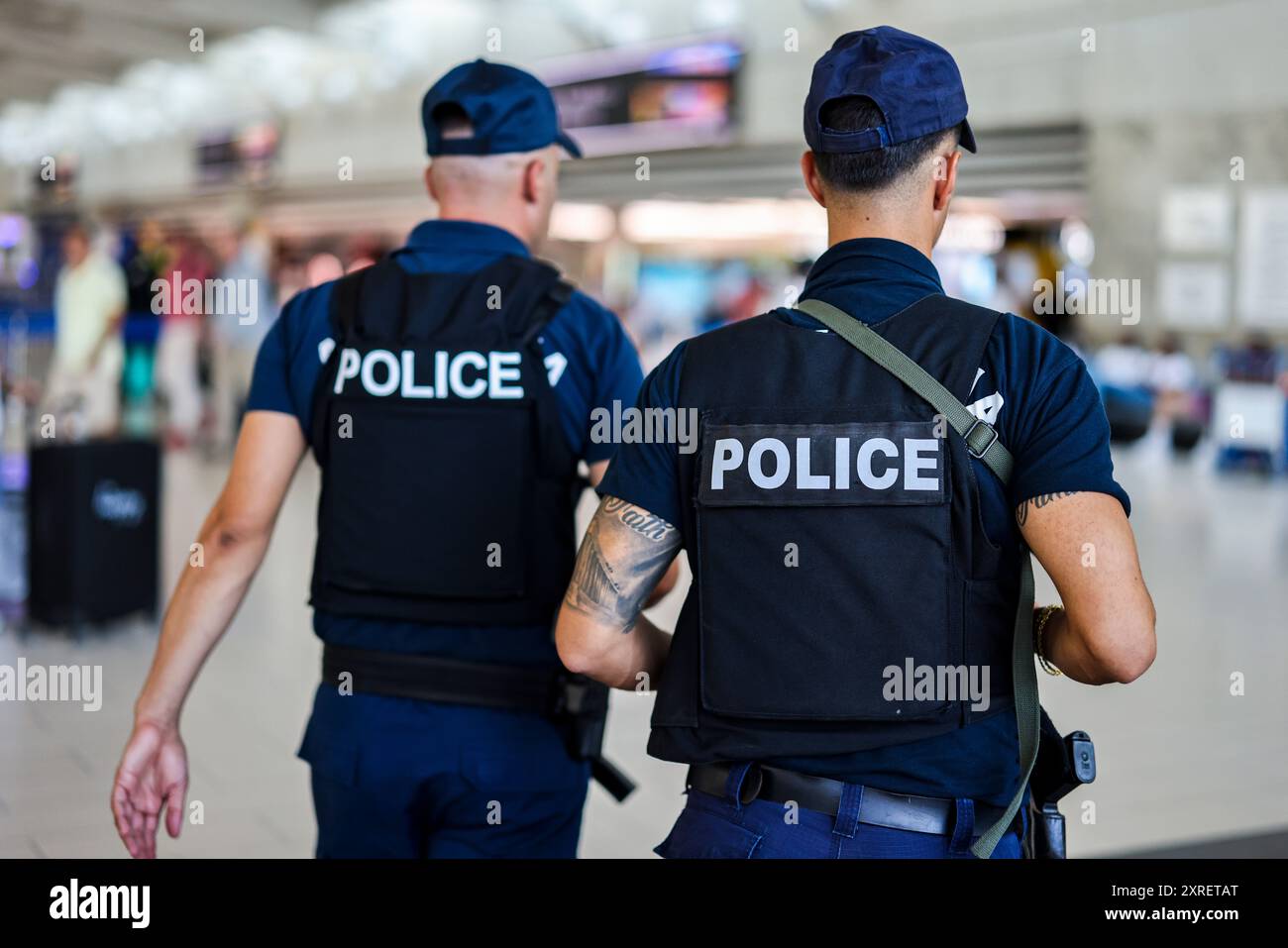 Larnaka, Cyprus. 10th Aug, 2024. Armed police officers patrol the ...