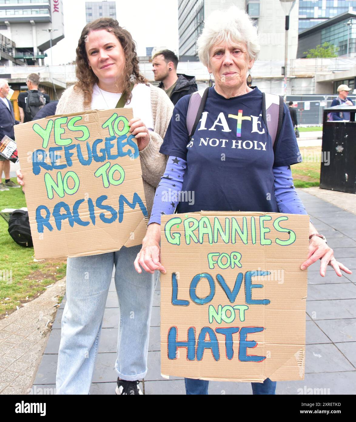 Manchester, UK, 10th August, 2024. Placard: 'Grannies for love not hate ...