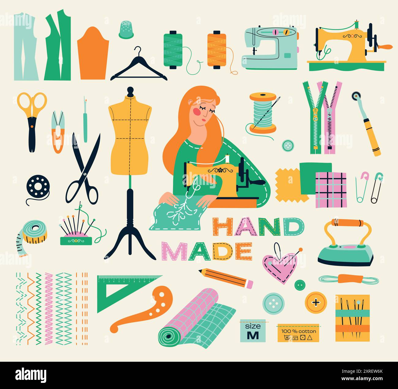 Set of sewing tools icons tailor girl hand made workshop Stock Vector ...