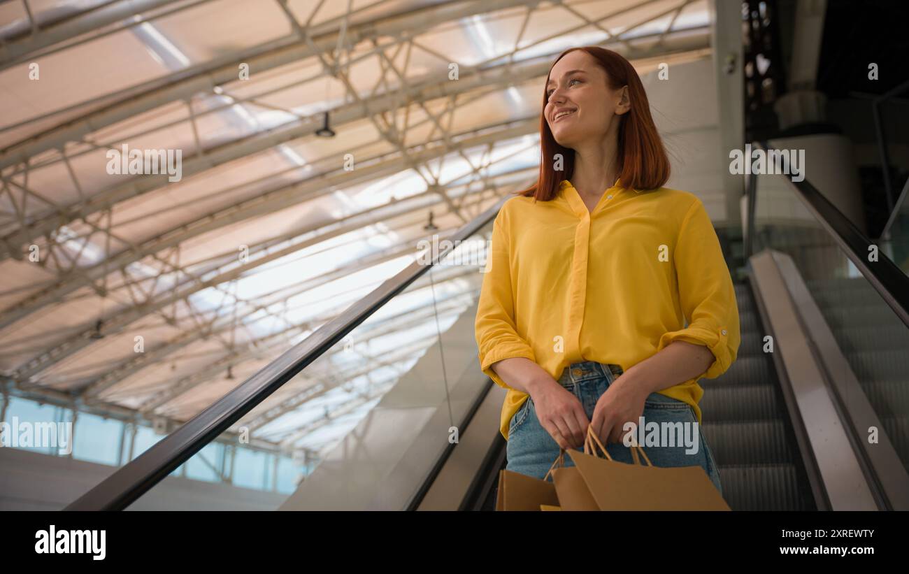 Happy joyful glad Caucasian female woman girl shopper client customer ...