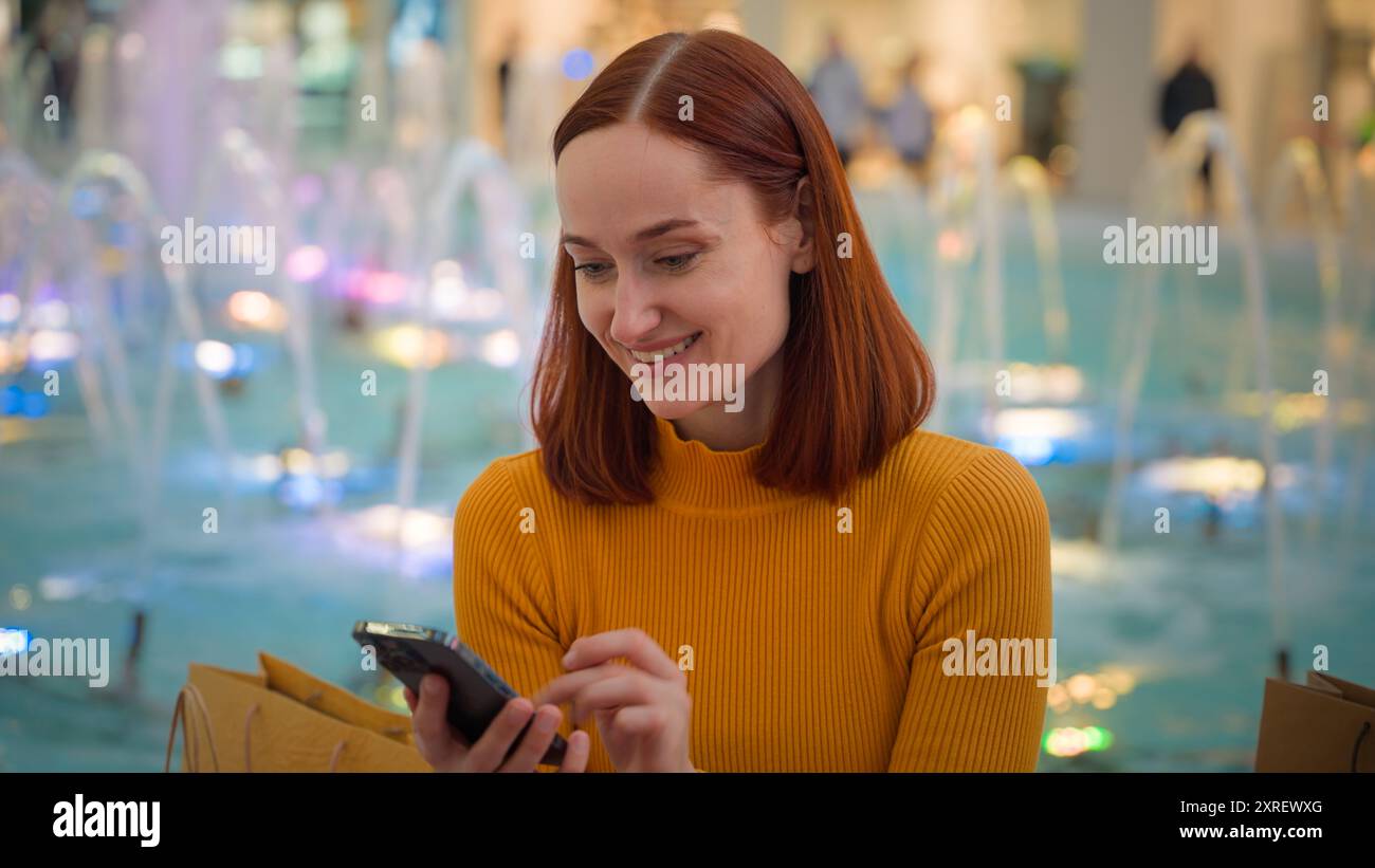 Shocked happy smiling Caucasian woman female girl client lady customer ...