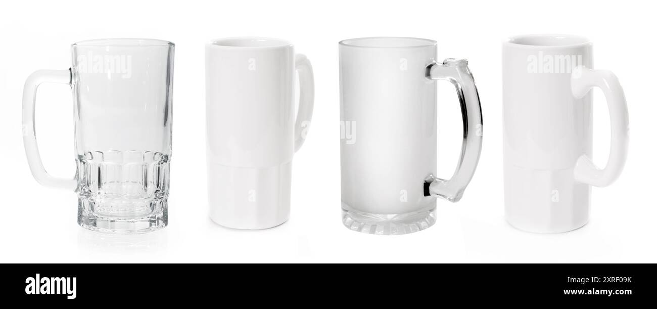 Set of glass and ceramic beer mugs isolated on a white background Stock ...