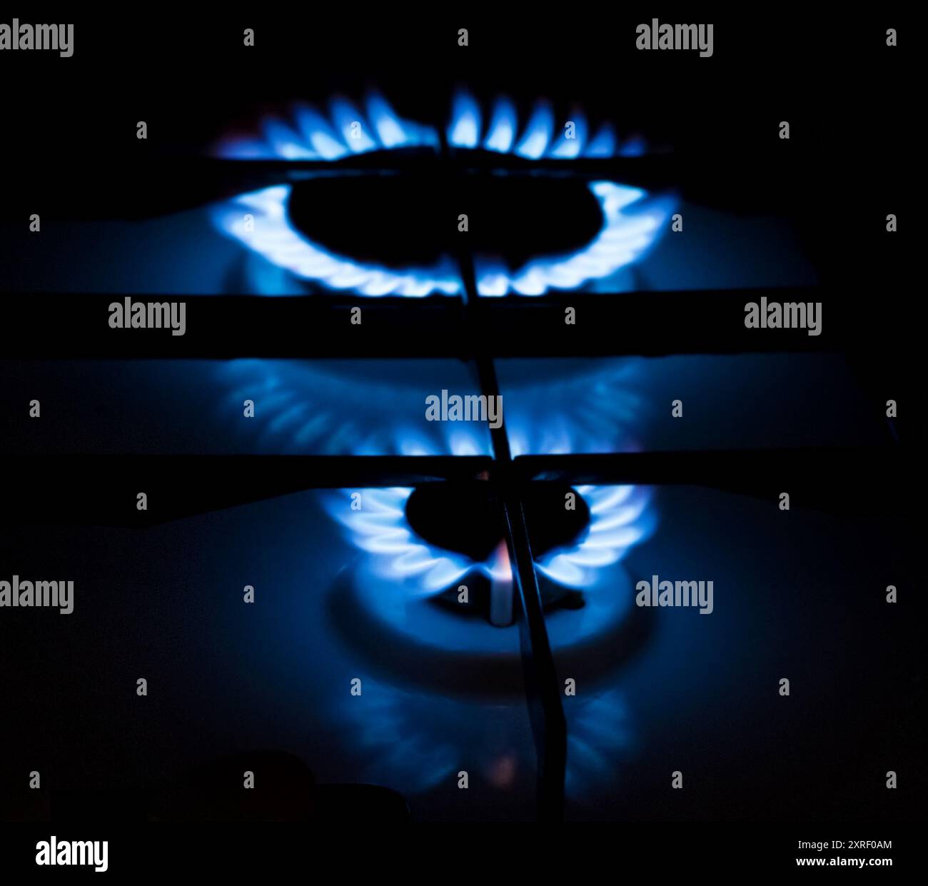 Gas burner with burning blue flame in the dark room Stock Photo - Alamy