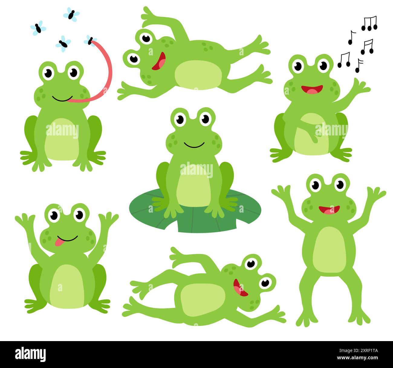 Set of cute frogs. Children Hand drawn vector flat illustration. Summer ...