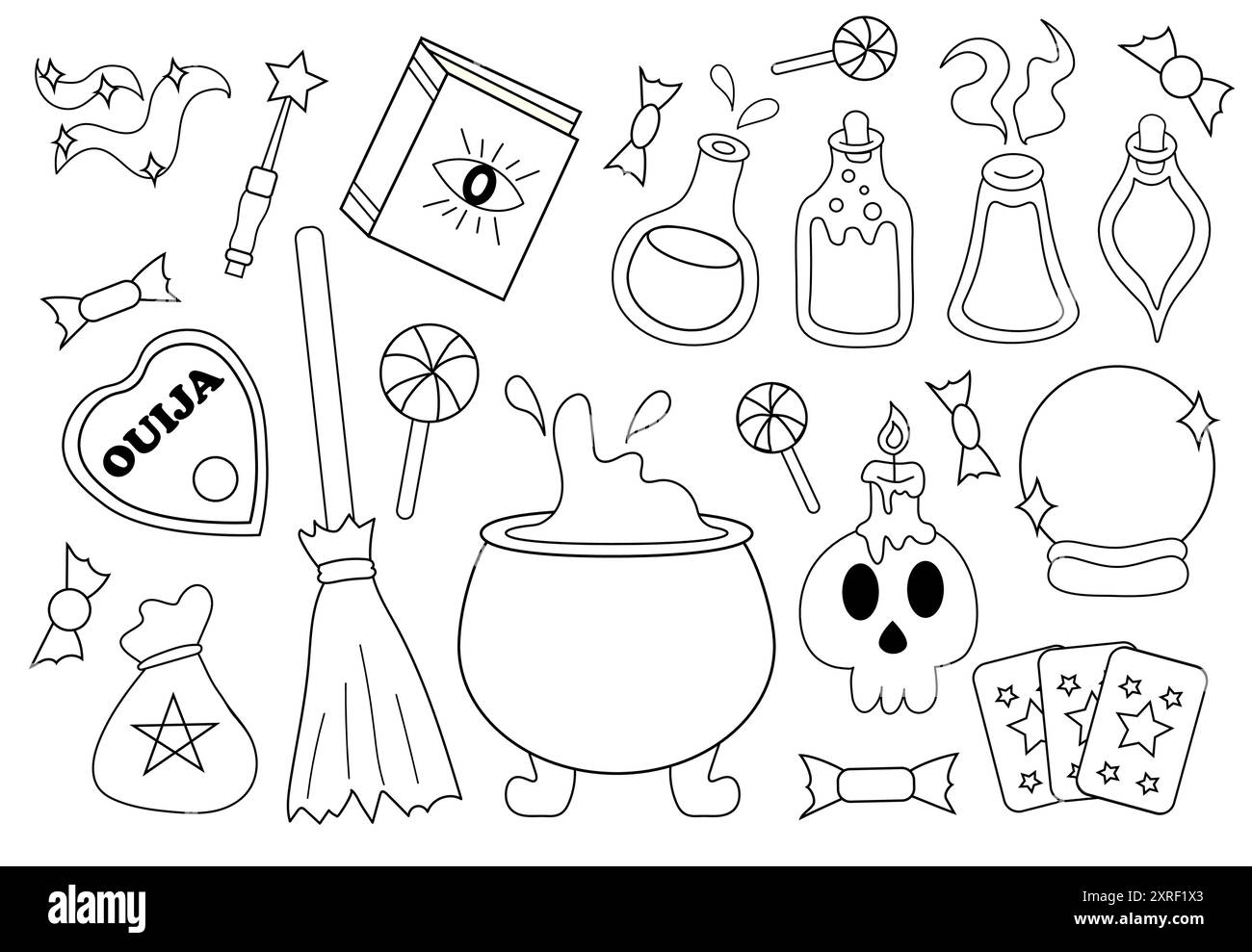 Halloween element set. Outline Line Art. Cauldron, poison bottles ...